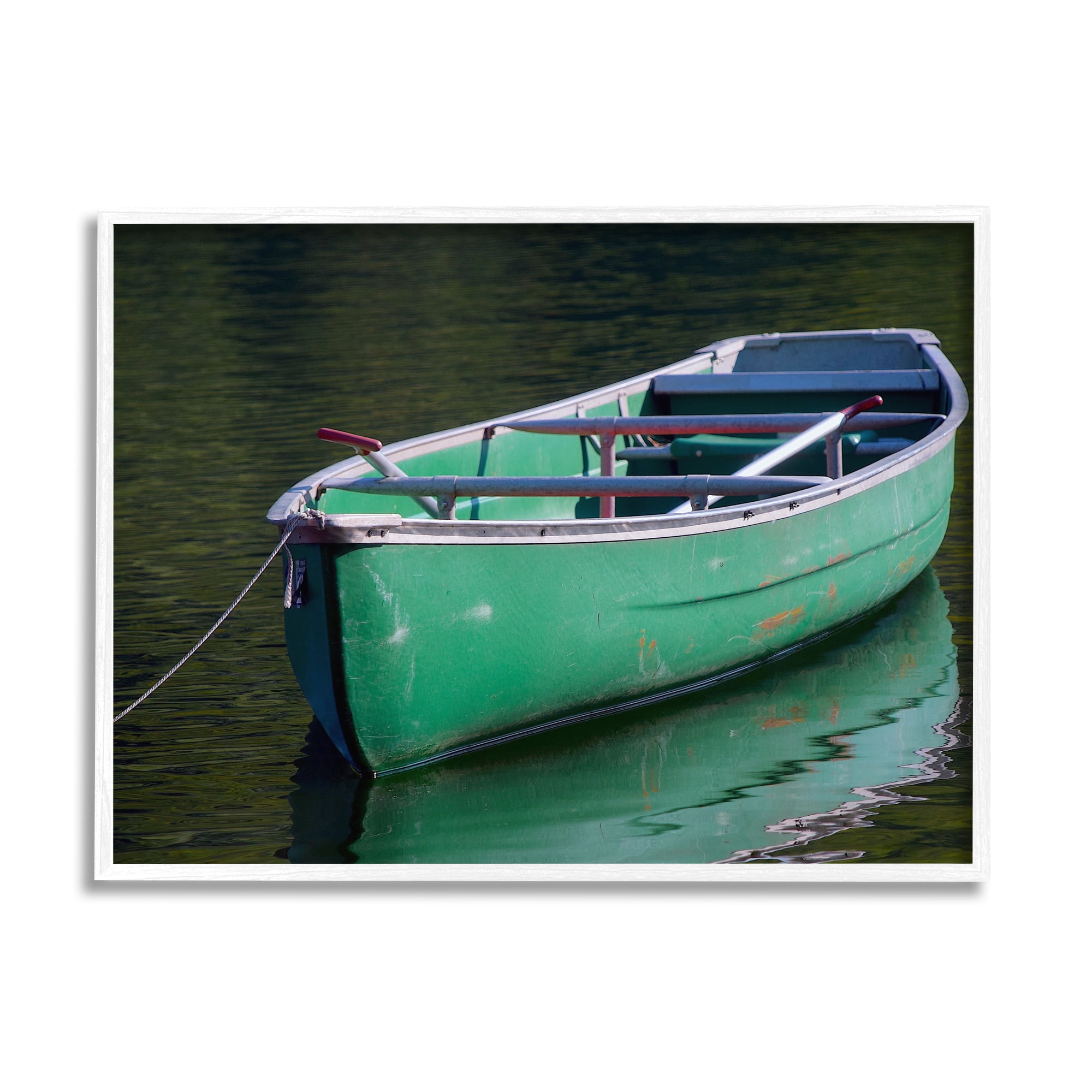 Stupell Industries Green Rowboat Canoe Floating Lake Dock Photography Photograph White Framed ...