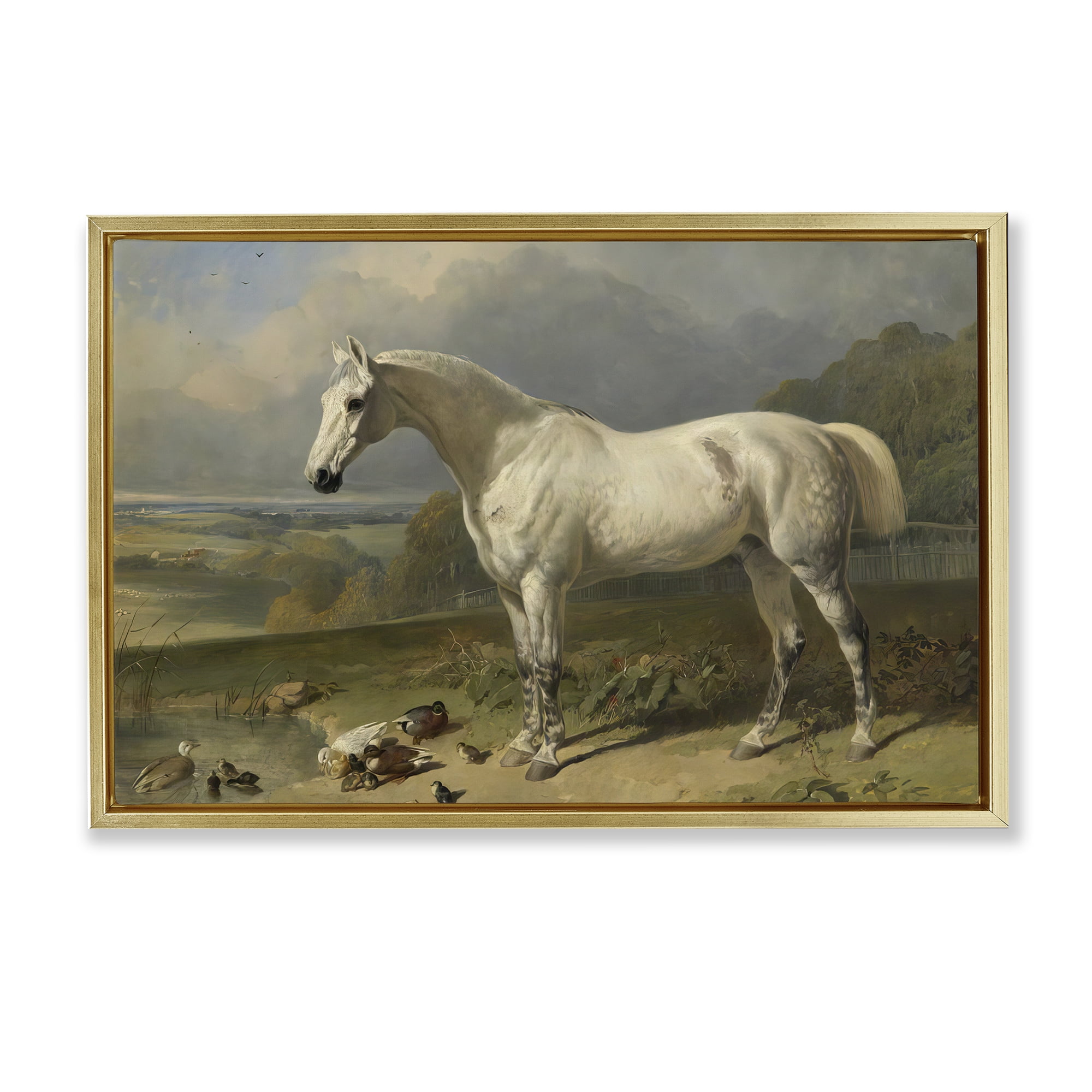 Stupell Industries Grey Horse And Ducks In Landscape Gold Framed ...