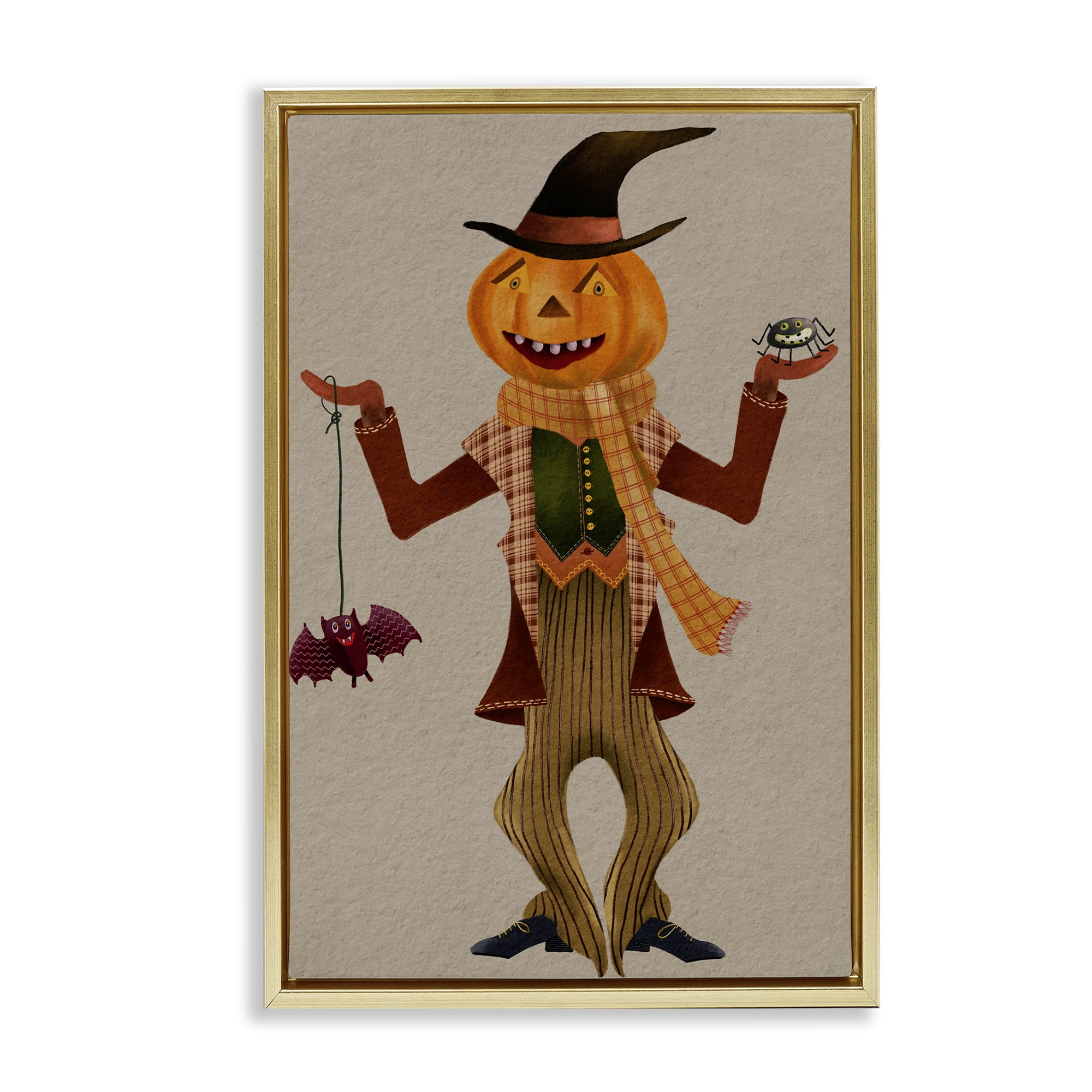 Stupell Industries Halloween Scarecrow & Bat Holiday Painting Gold ...
