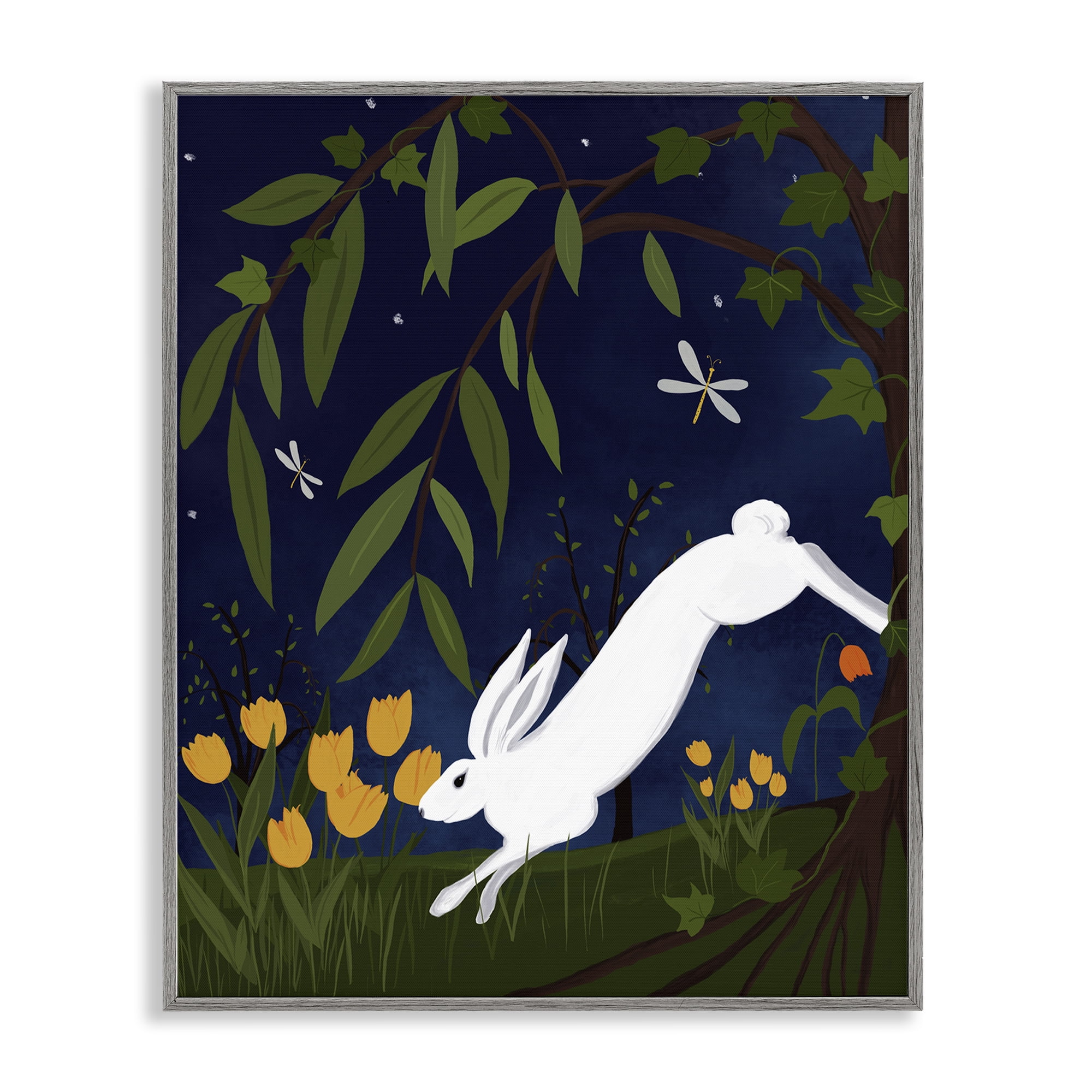 Stupell Industries Hare in Night Forest Animals Painting Gray Framed ...