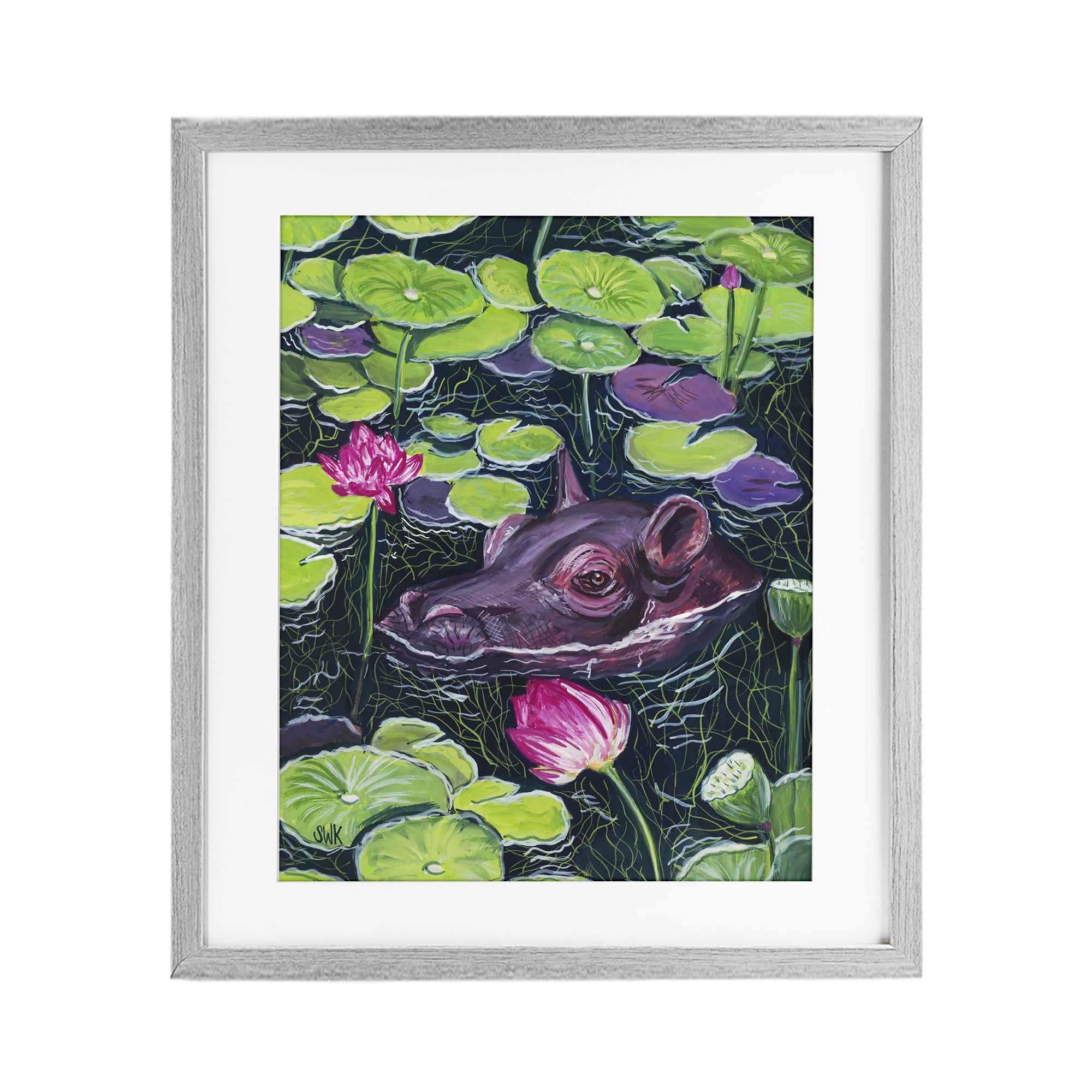 Stupell Industries Hippo & Blossoms Pond Gray Framed Print Under Glass ...
