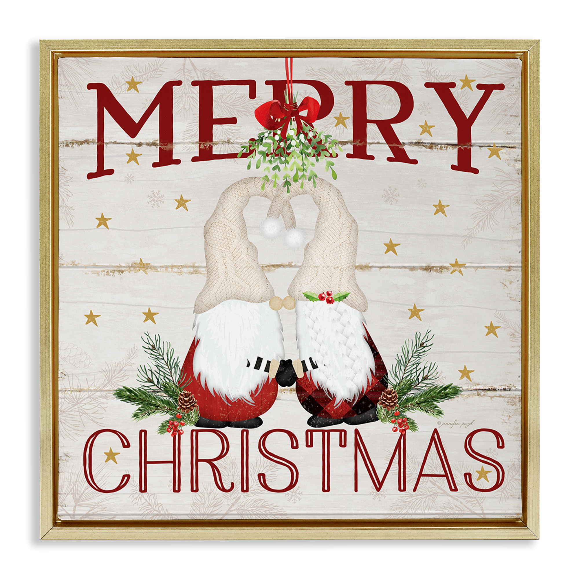 Stupell Industries Holiday Gnomes Under Mistletoe Holiday Painting Gold Floater Framed Canvas ...
