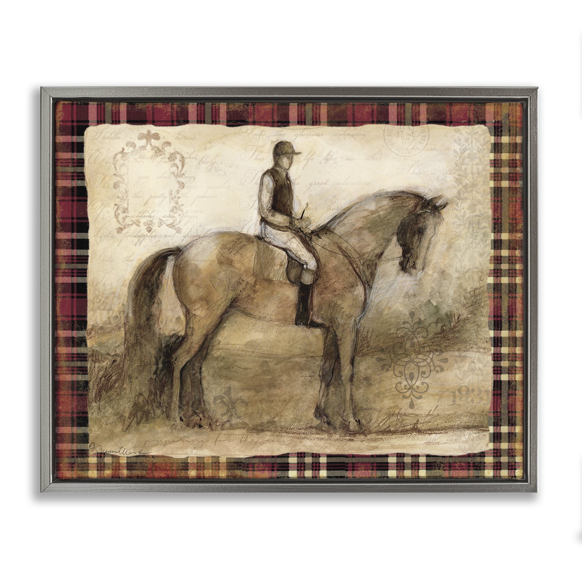 Stupell Industries Horse With Jockey & Plaid Gray Framed Floater Canvas ...