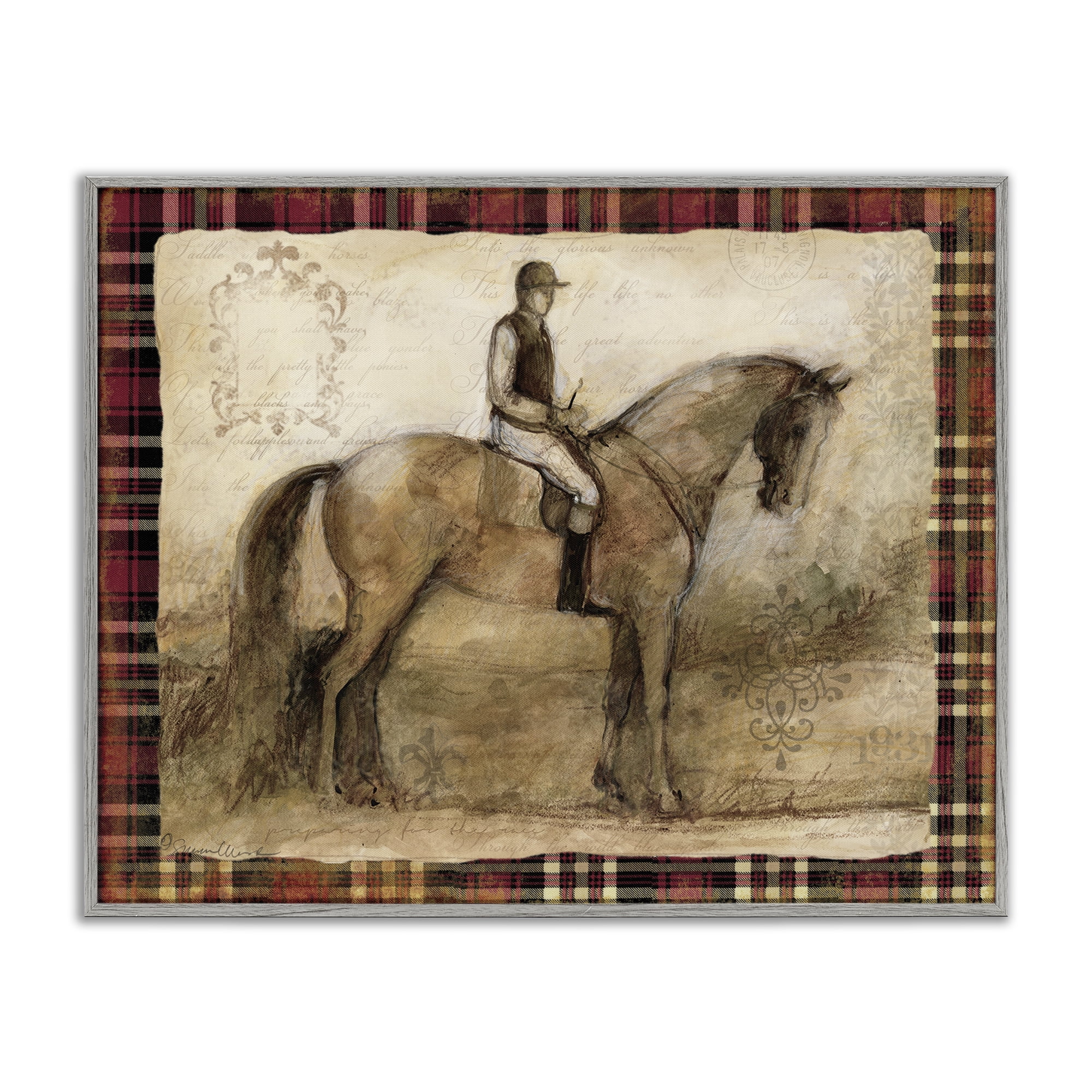 Stupell Industries Horse With Jockey & Plaid Gray Framed Giclee Art ...