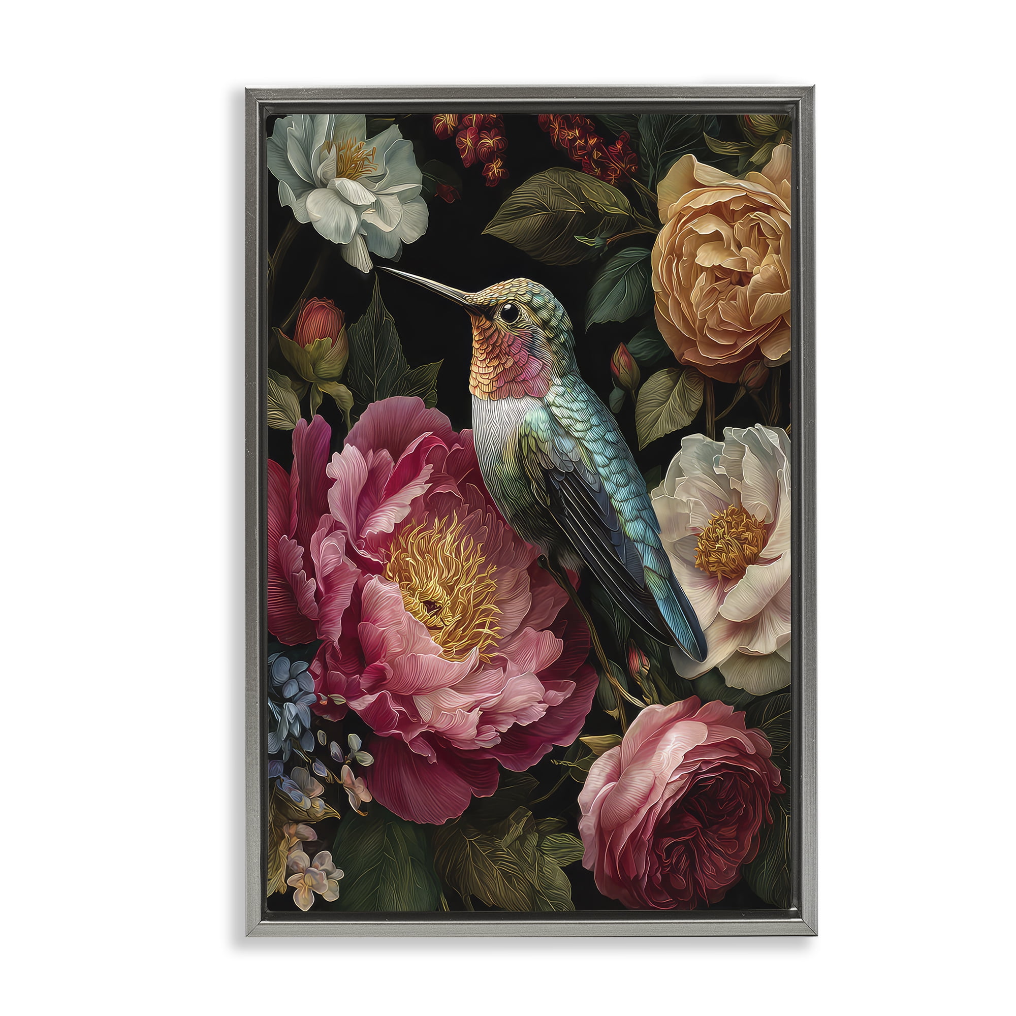 Stupell Industries Hummingbird & Lush Blooms Gray Framed Floater Canvas ...