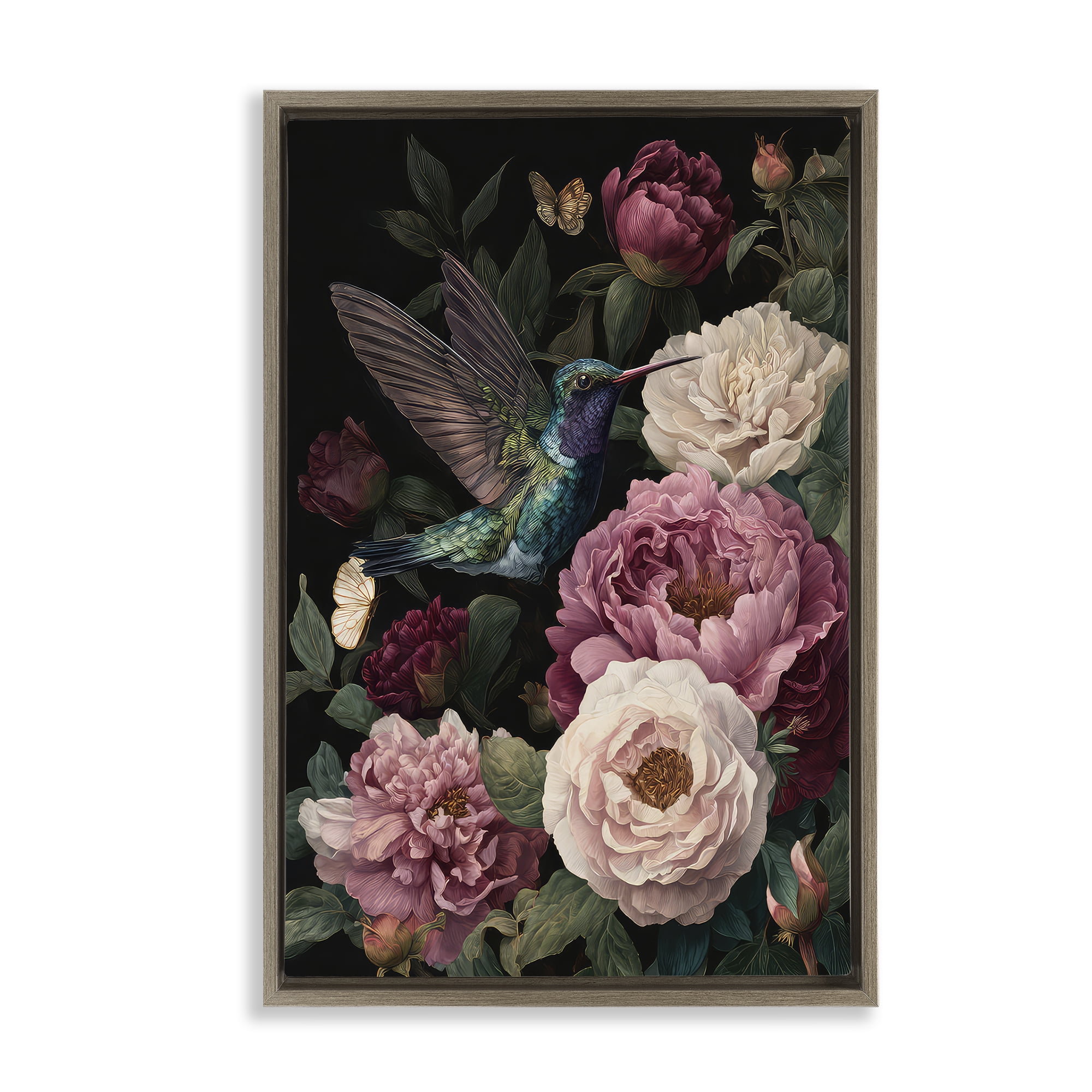 Stupell Industries Hummingbird & Lush Peonies Brown Framed Floater ...