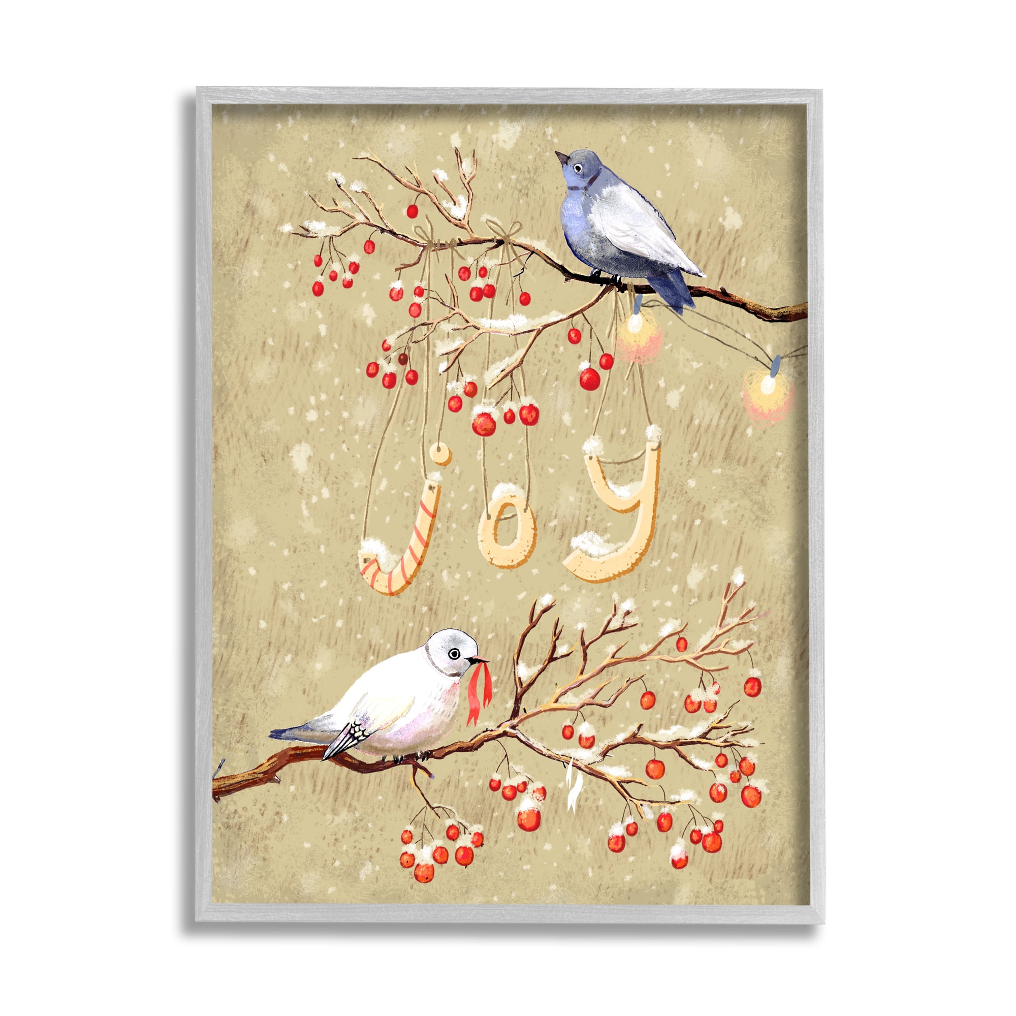 Stupell Industries Joy Birds on Winter Branches Holiday Painting Gray ...