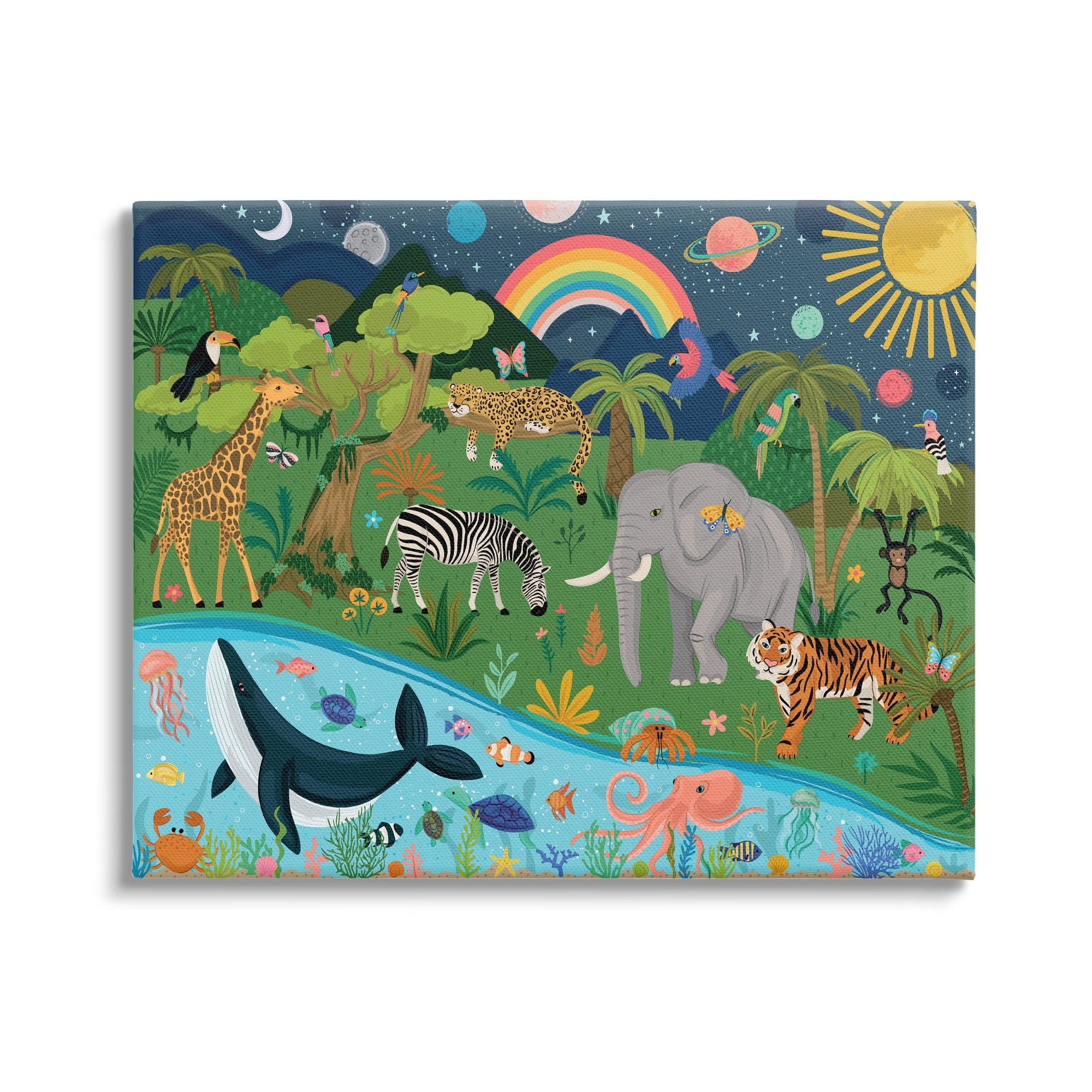 Stupell Industries Jungle Animals Sea Creatures Under Night Sky Planets ...