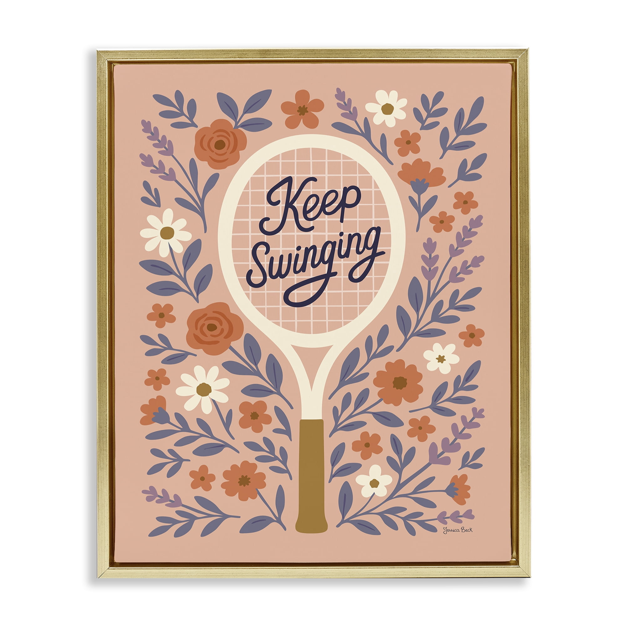 Stupell Industries Keep Swinging Floral Tennis Gold Framed Floater ...