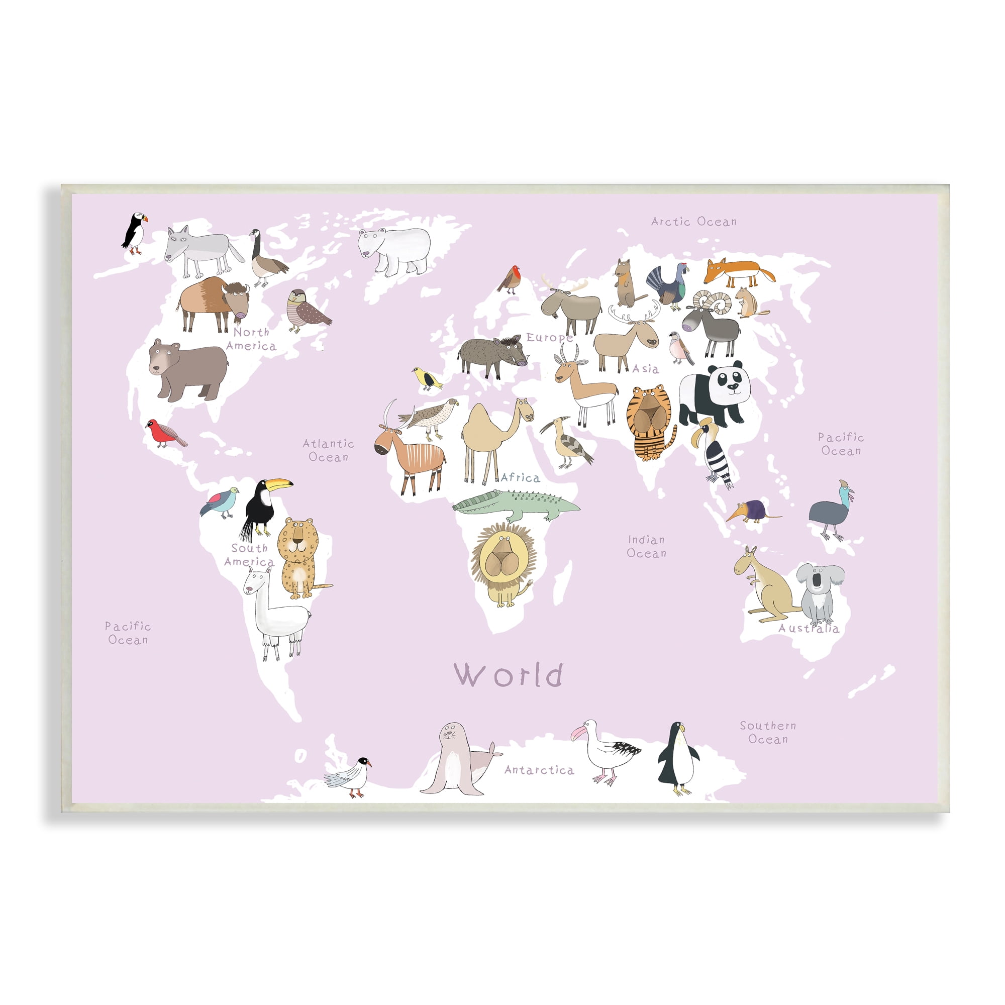 Stupell Industries Kid's Map of the World with Animals Light Pink, 13 x ...
