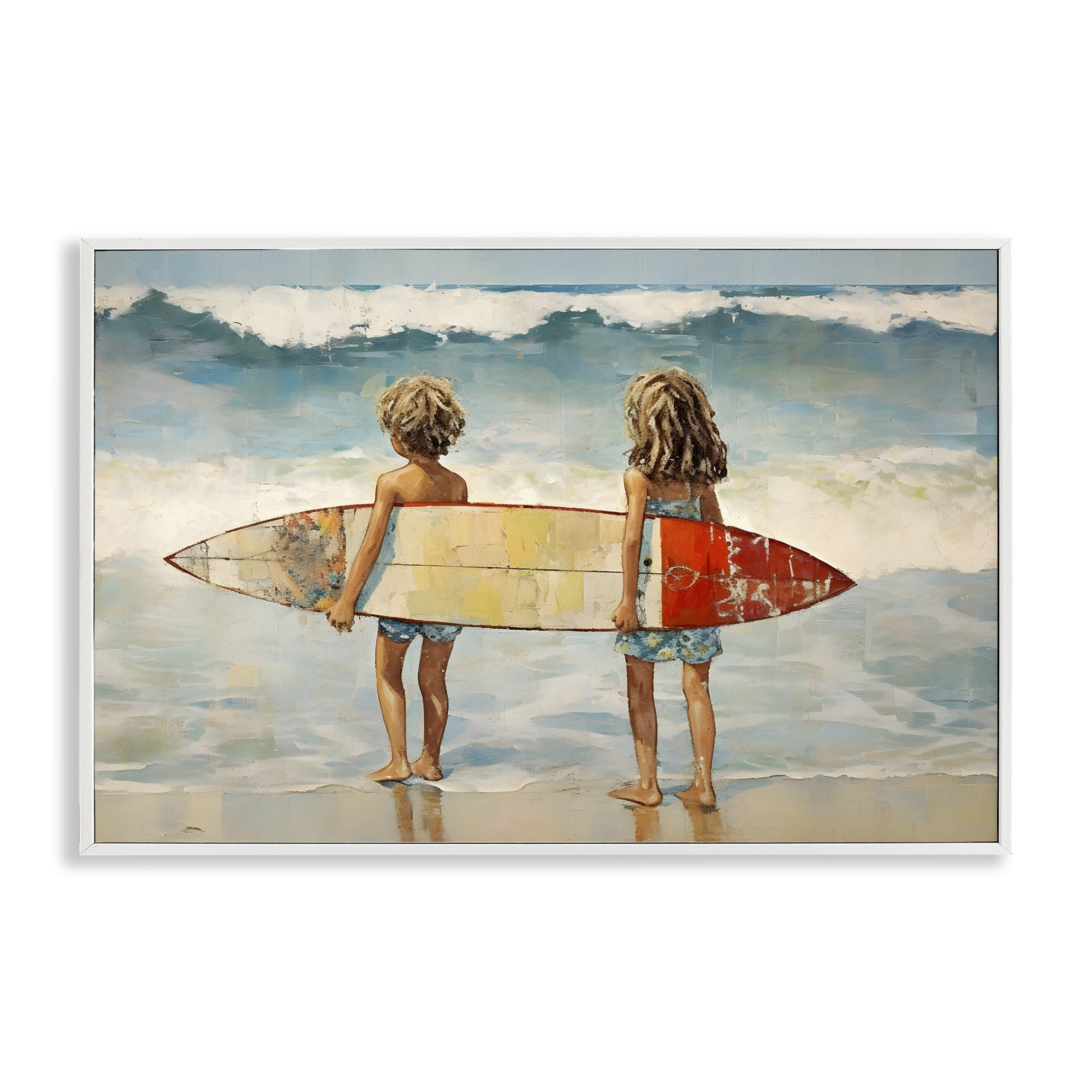 Stupell Industries Kids with Surf Waves People Painting White Framed ...