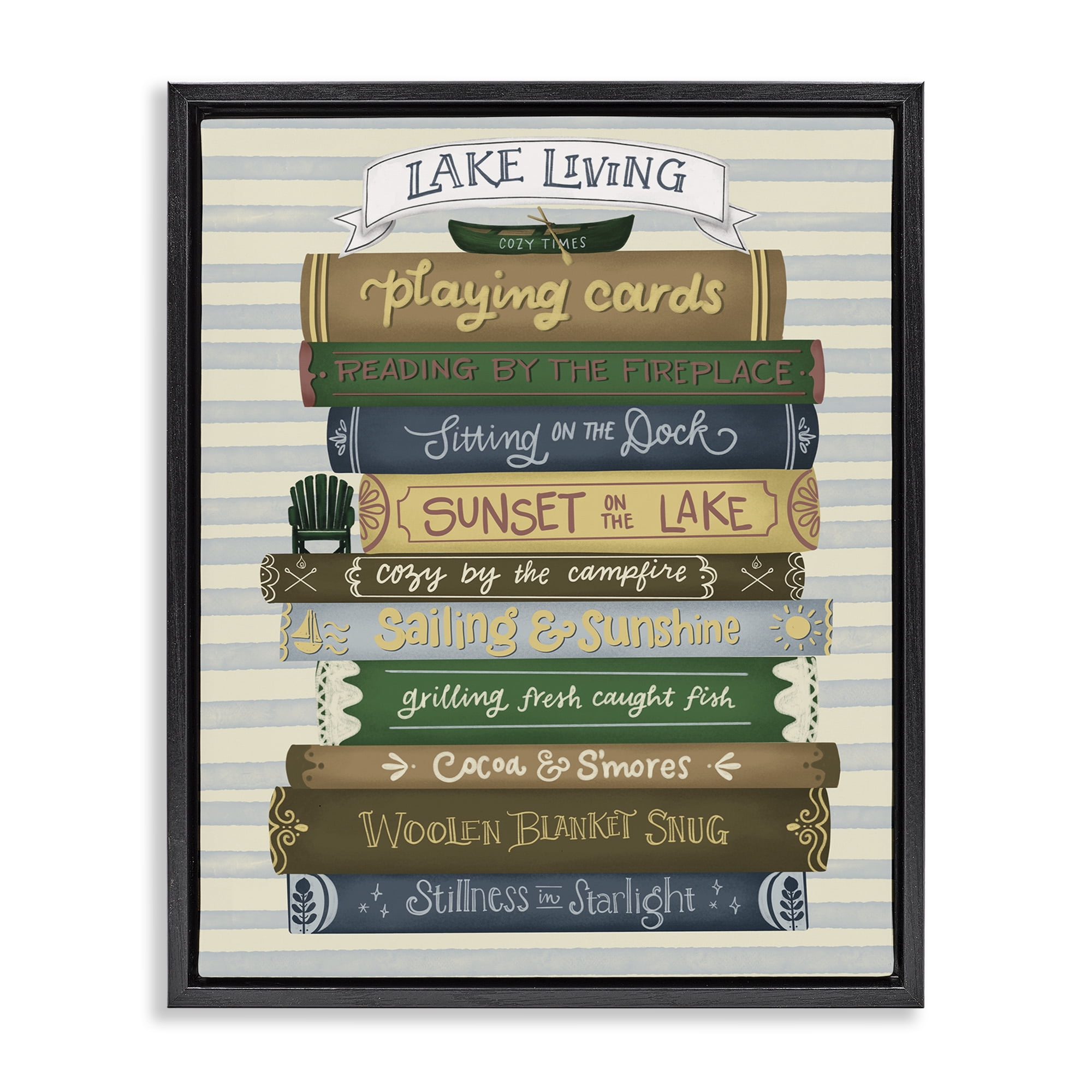 Stupell Industries Lake Living Book Stack Black Framed Floater Canvas ...