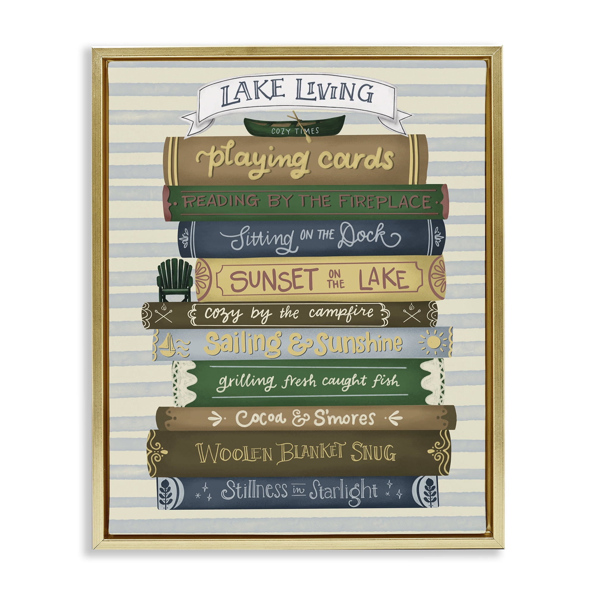 Stupell Industries Lake Living Book Stack Gold Framed Floater Canvas ...