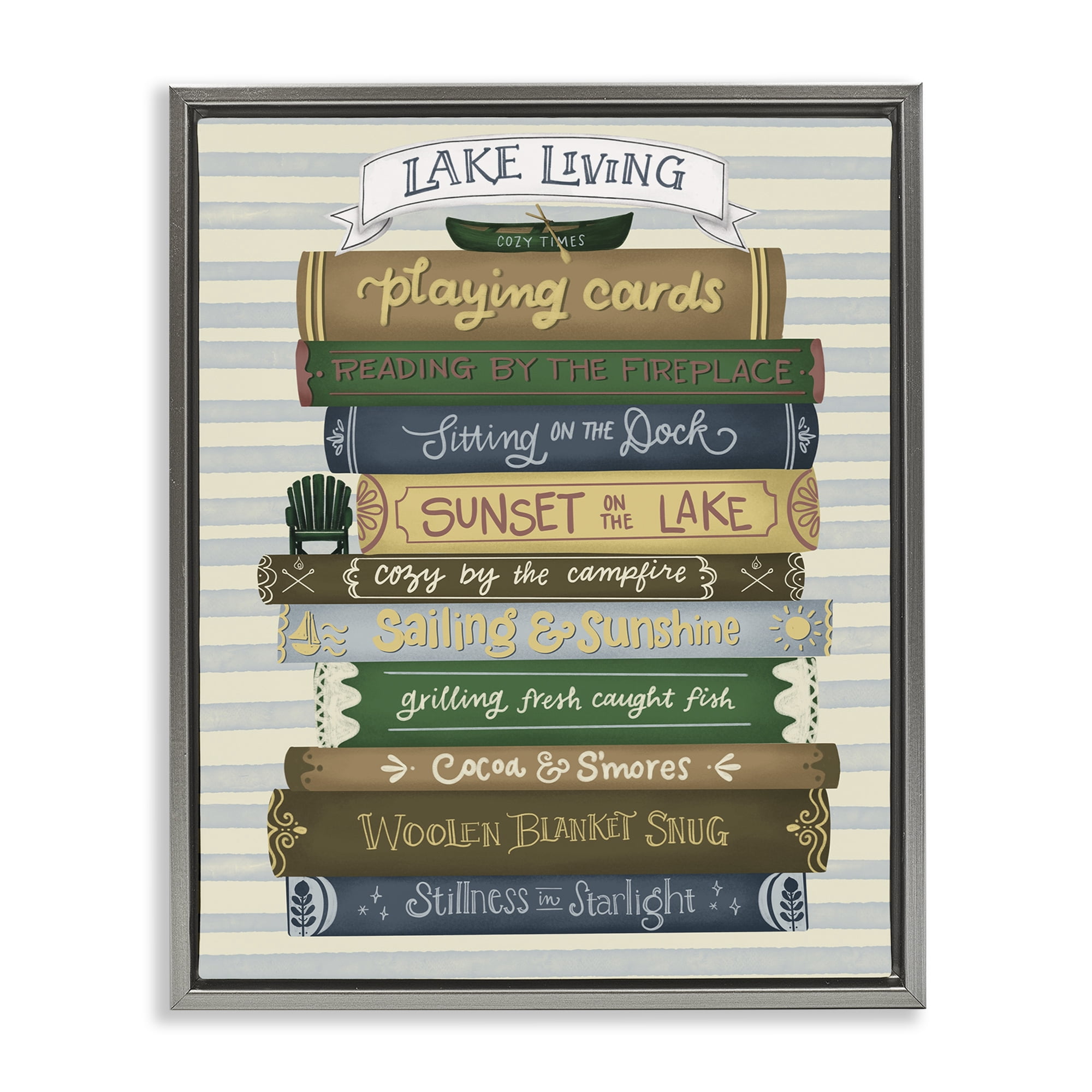 Stupell Industries Lake Living Book Stack Gray Framed Floater Canvas ...