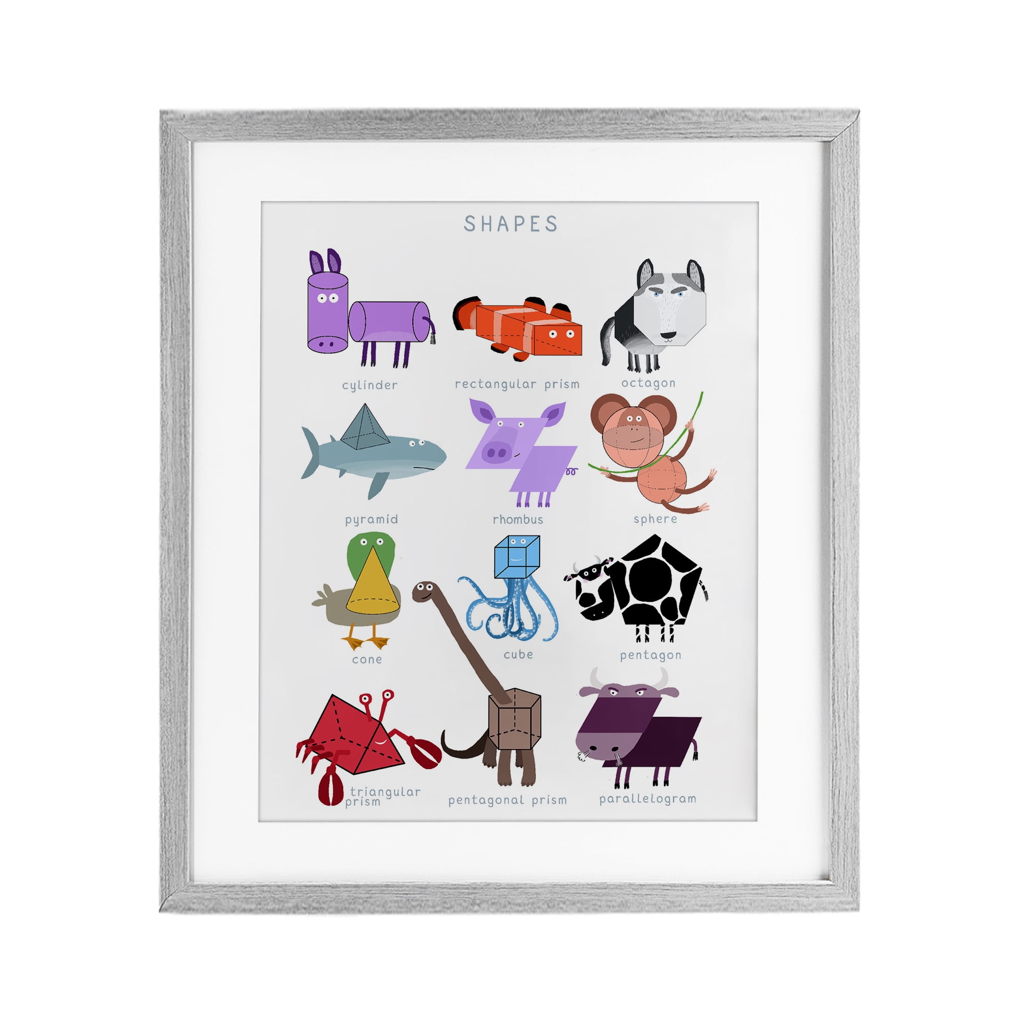 Stupell Industries Learning 3D Shapes with Animals Gray Framed Print ...