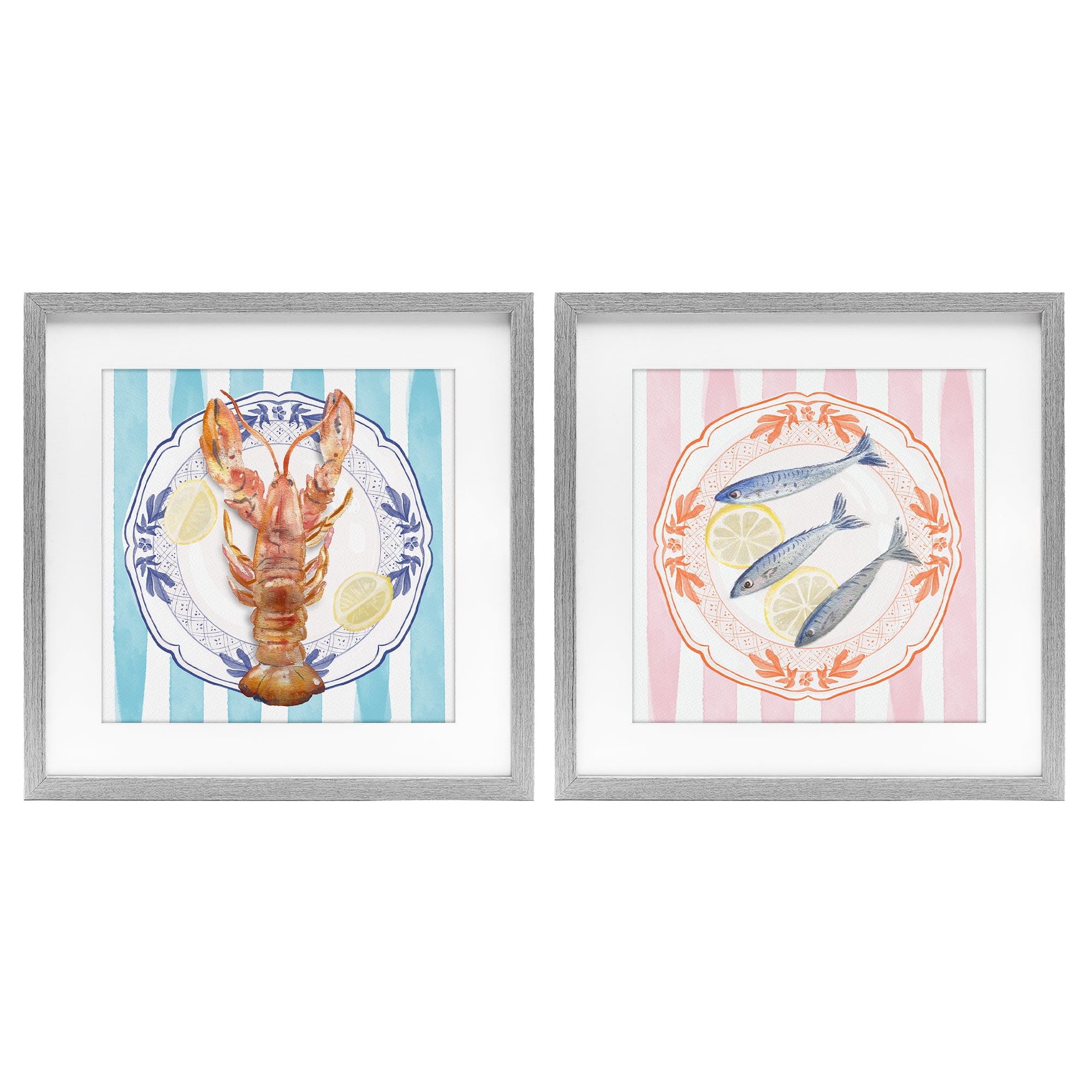 Stupell Industries Lobster & Sardines Plates 2 Piece Gray Framed Print ...