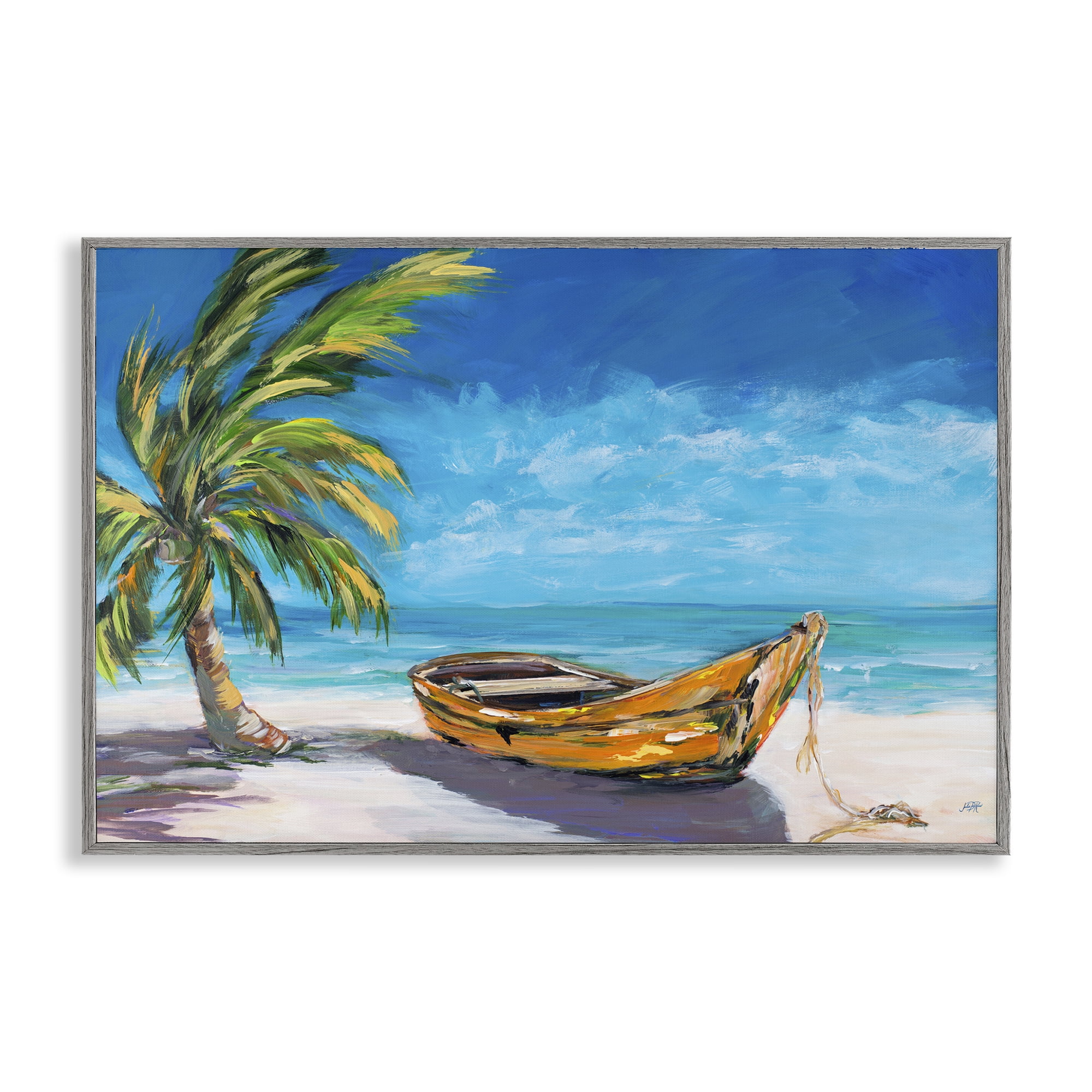Stupell Industries Lost Island Palm & Boat Gray Framed Giclee Art ...