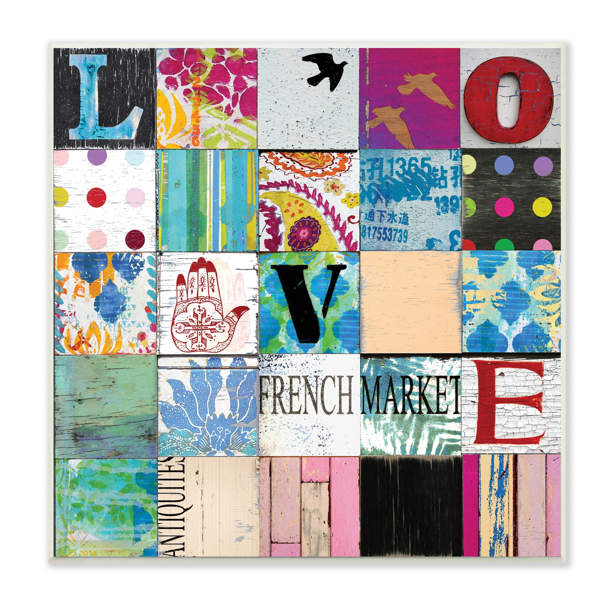 Stupell Industries Love Typography Collage Vintage Icons Patchwork, 12 ...