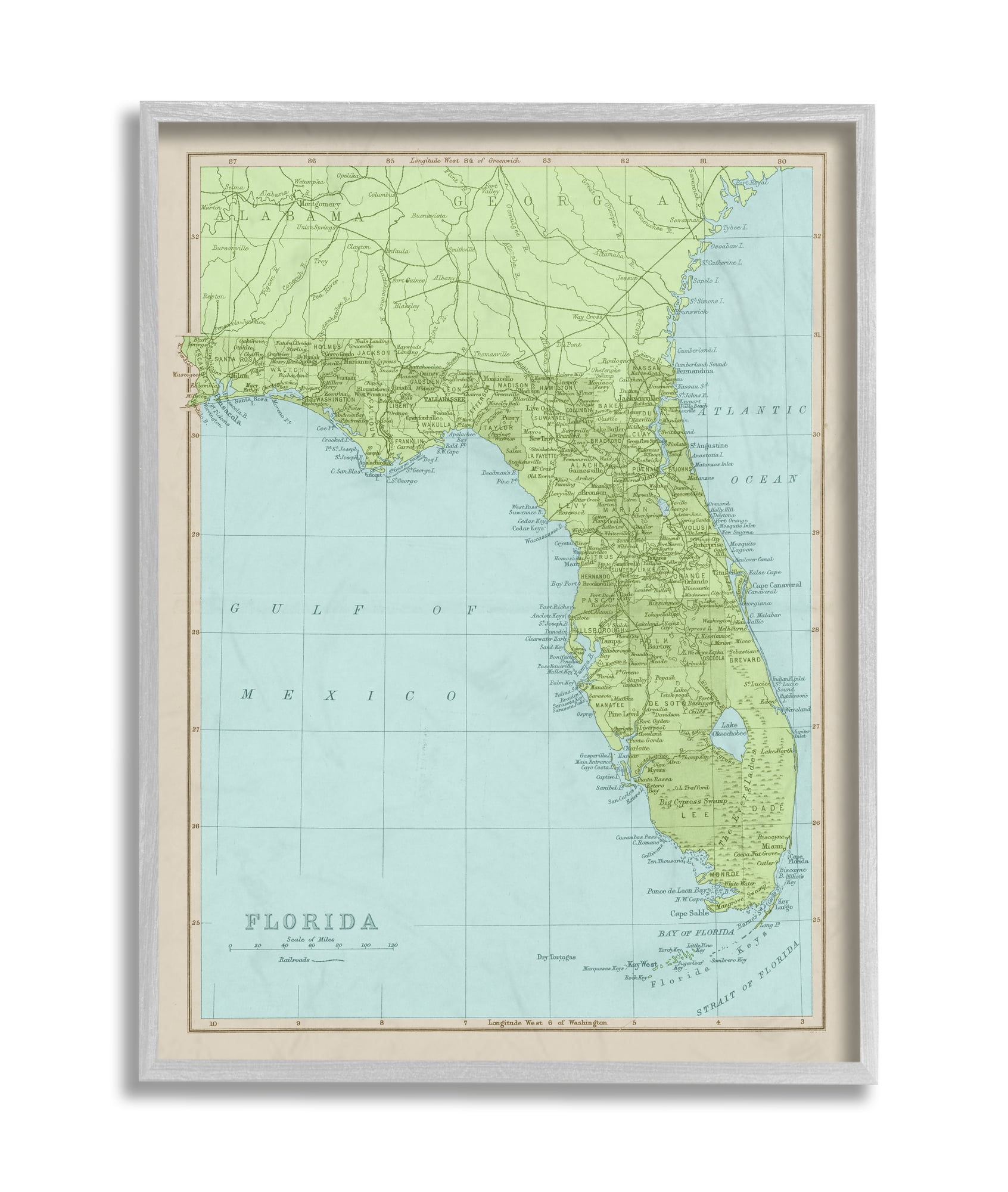 Stupell Industries Map Of Florida Classical State Border Grey Framed ...