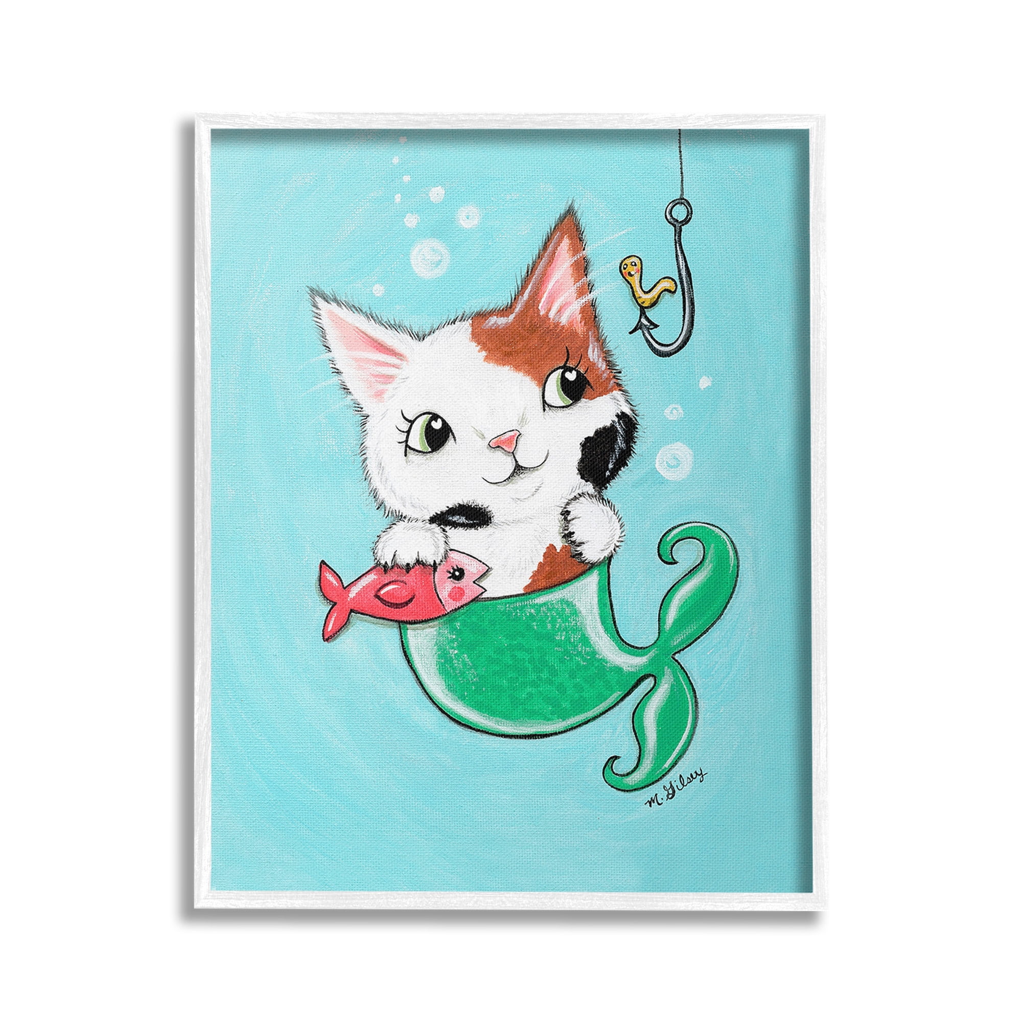 Stupell Industries Mermaid Cat with Fish Animals & Insects Painting ...