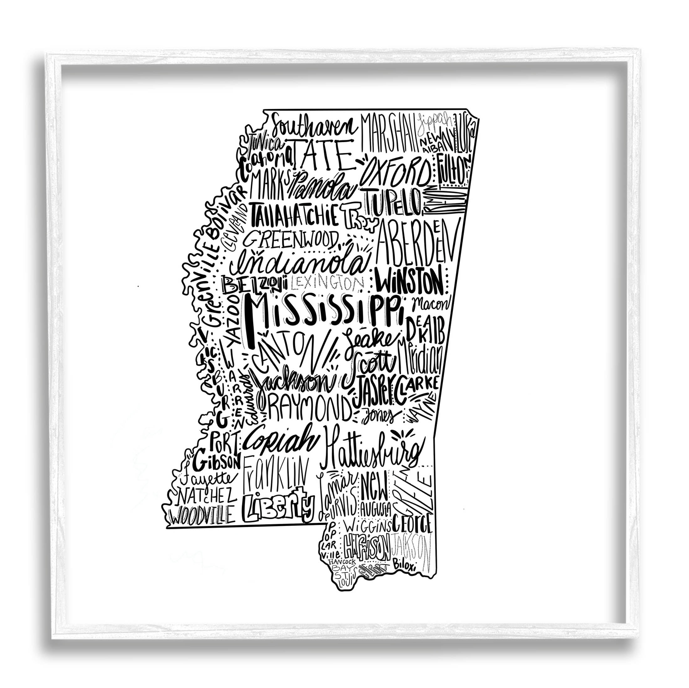 Stupell Mississippi Typography Shape State Map Framed Wall Art ...