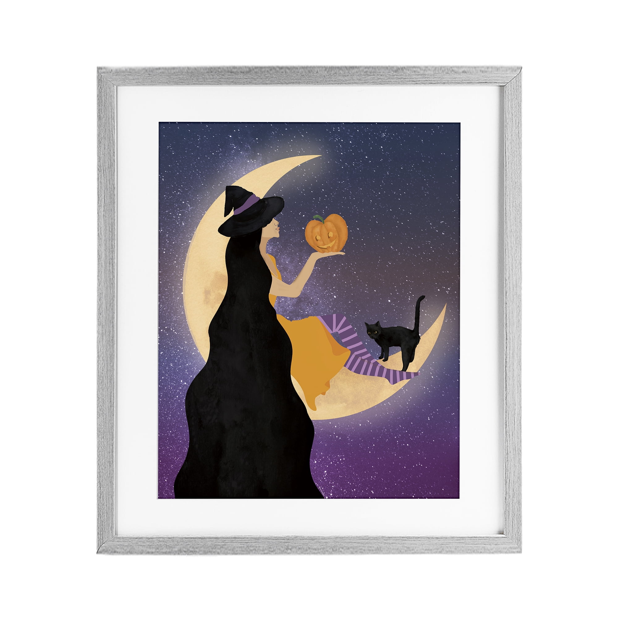 Stupell Industries Moonlit Witch Holding Jack-o-Lantern Gray Framed ...