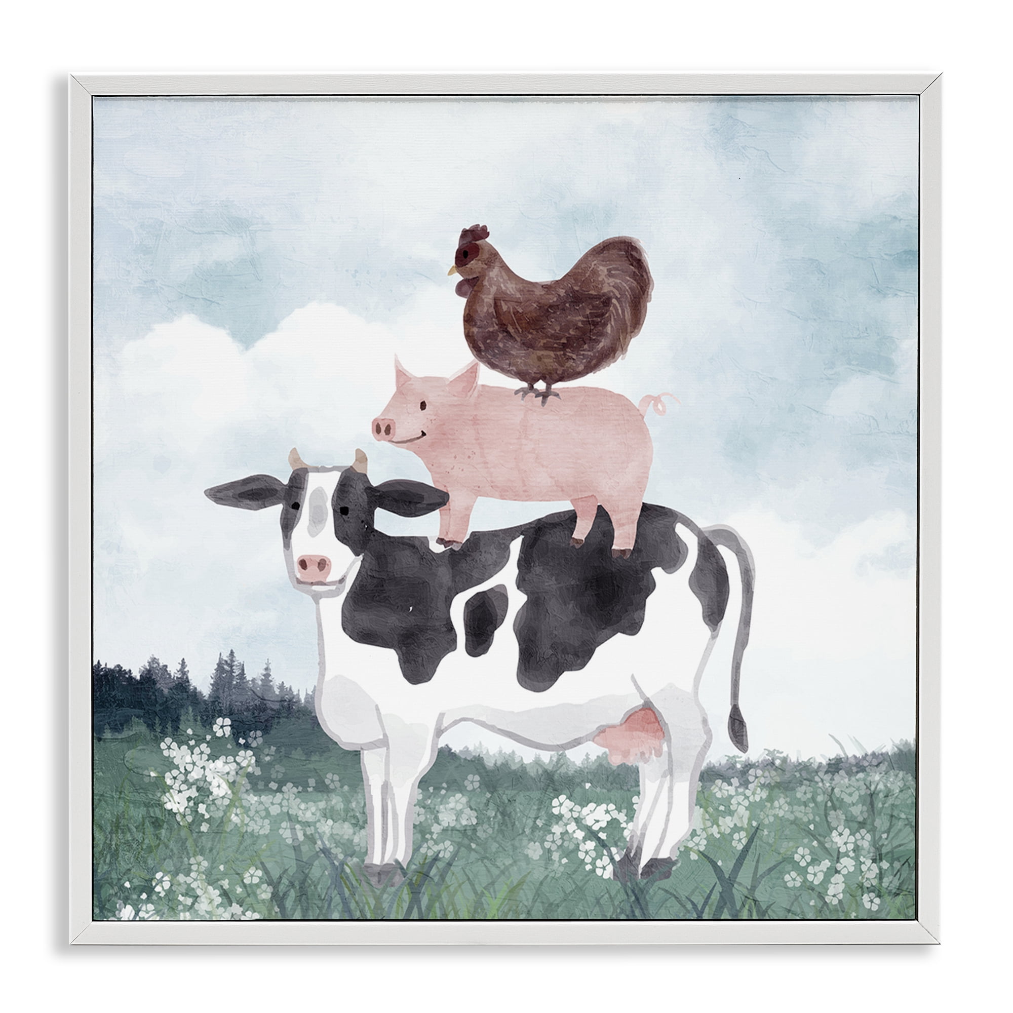 Stupell Industries Muted Stacked Farm Animals White Framed Giclee Art ...