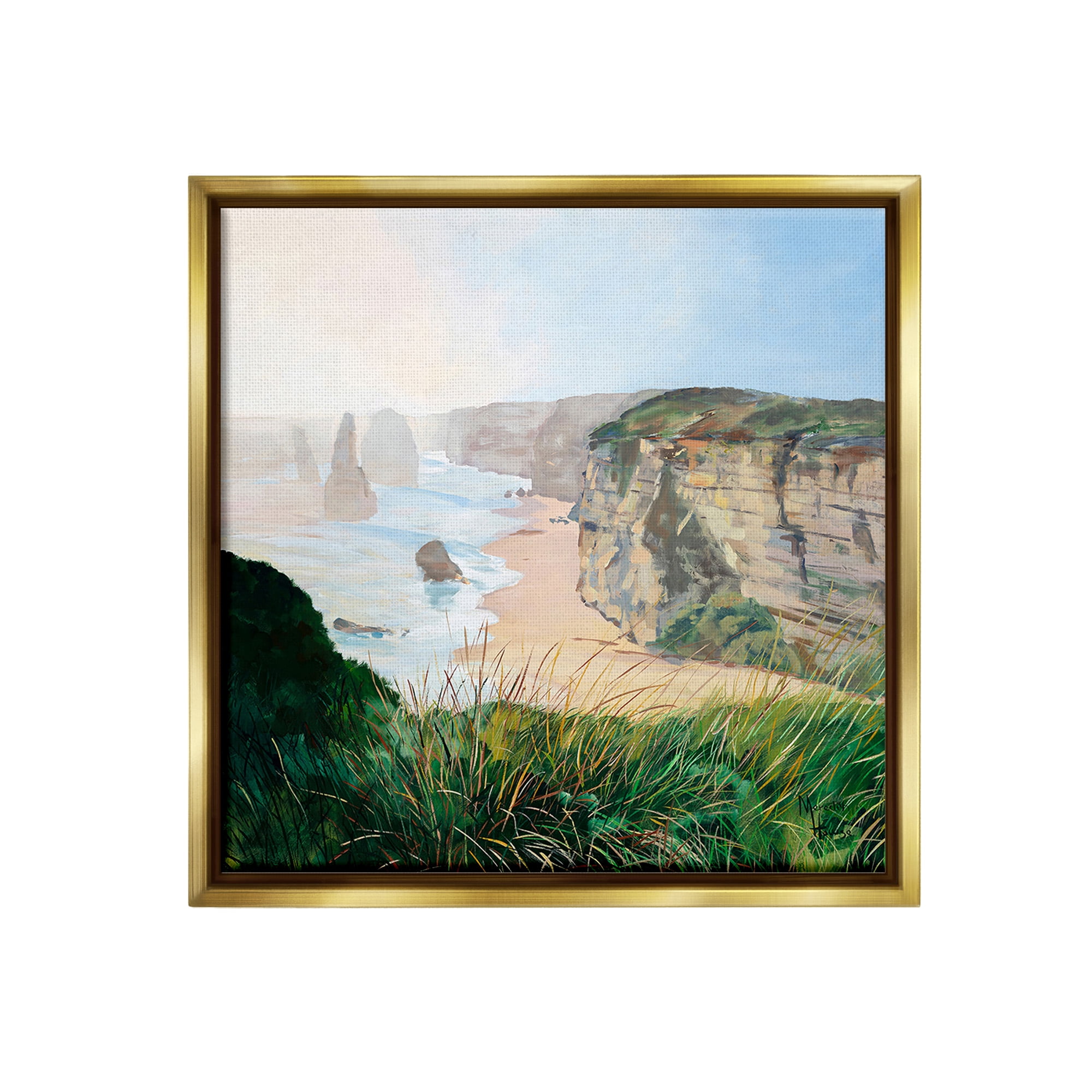 Stupell Industries Nautical Beach Cove Landscape Painting Gold Floater ...