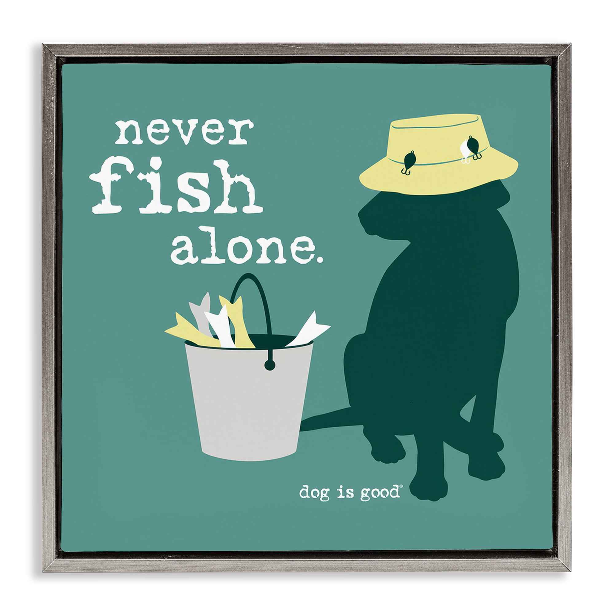 Stupell Industries Never Fish Alone Dog Animals Painting Gray Floater ...