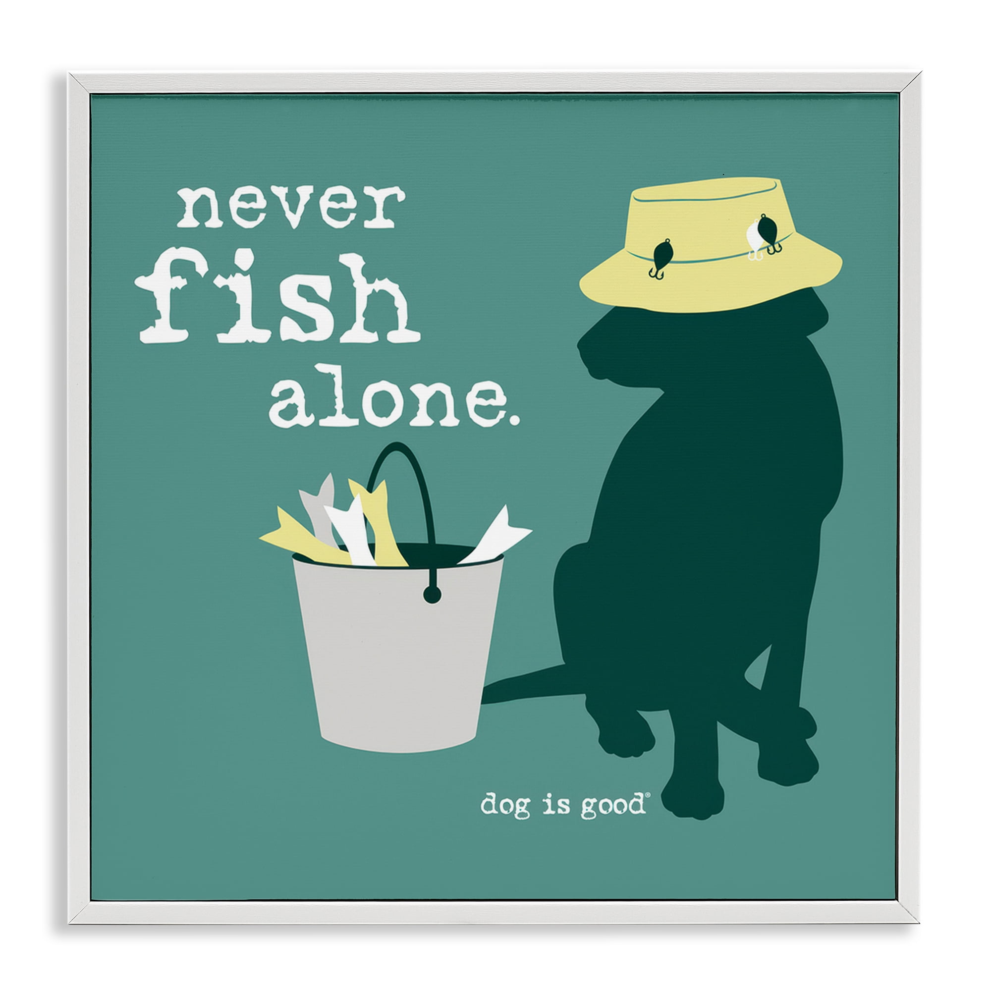 Stupell Industries Never Fish Alone Dog Animals Painting White Framed ...
