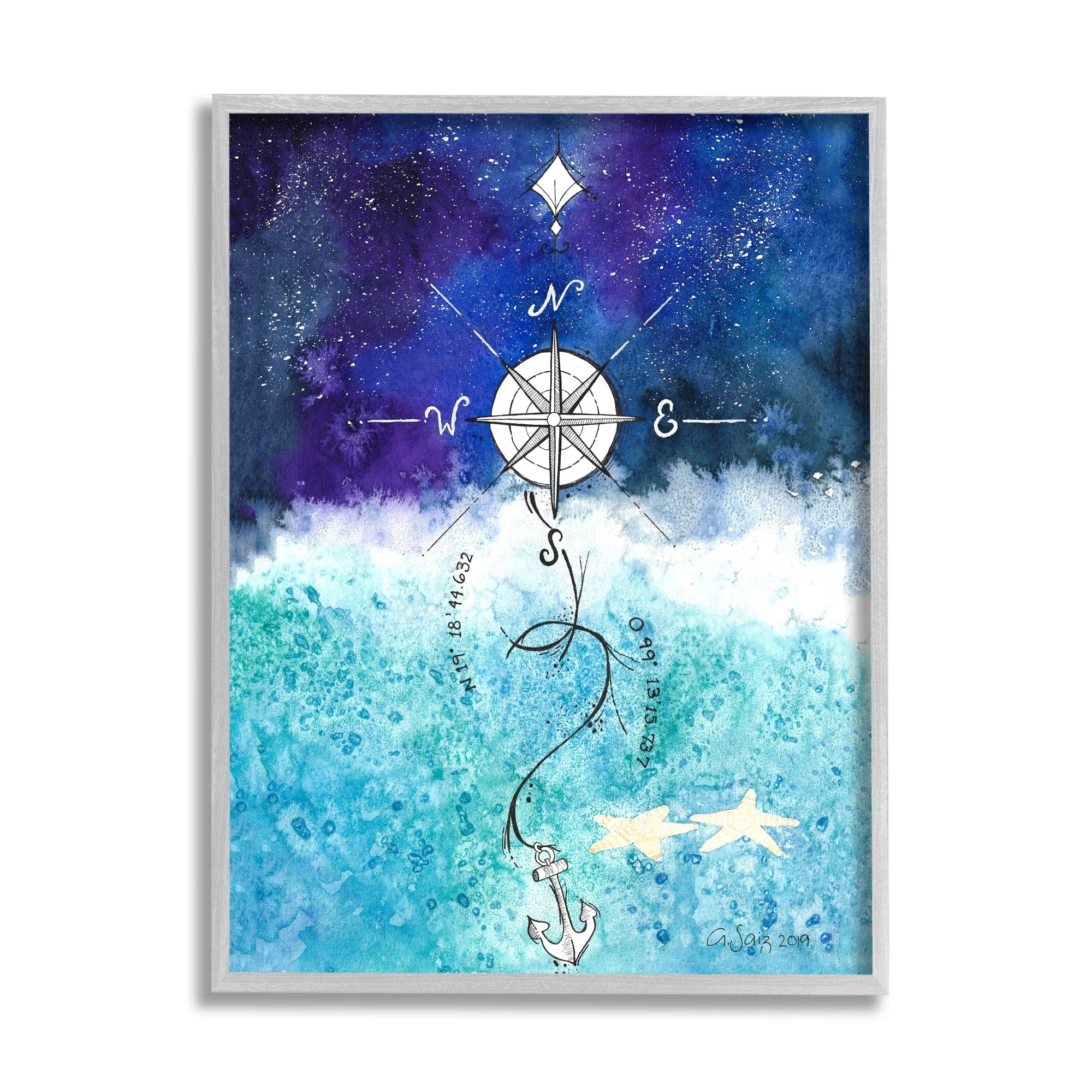 Stupell Industries Night Sky Blue Ombre Ocean Waves Nautical Compass ...