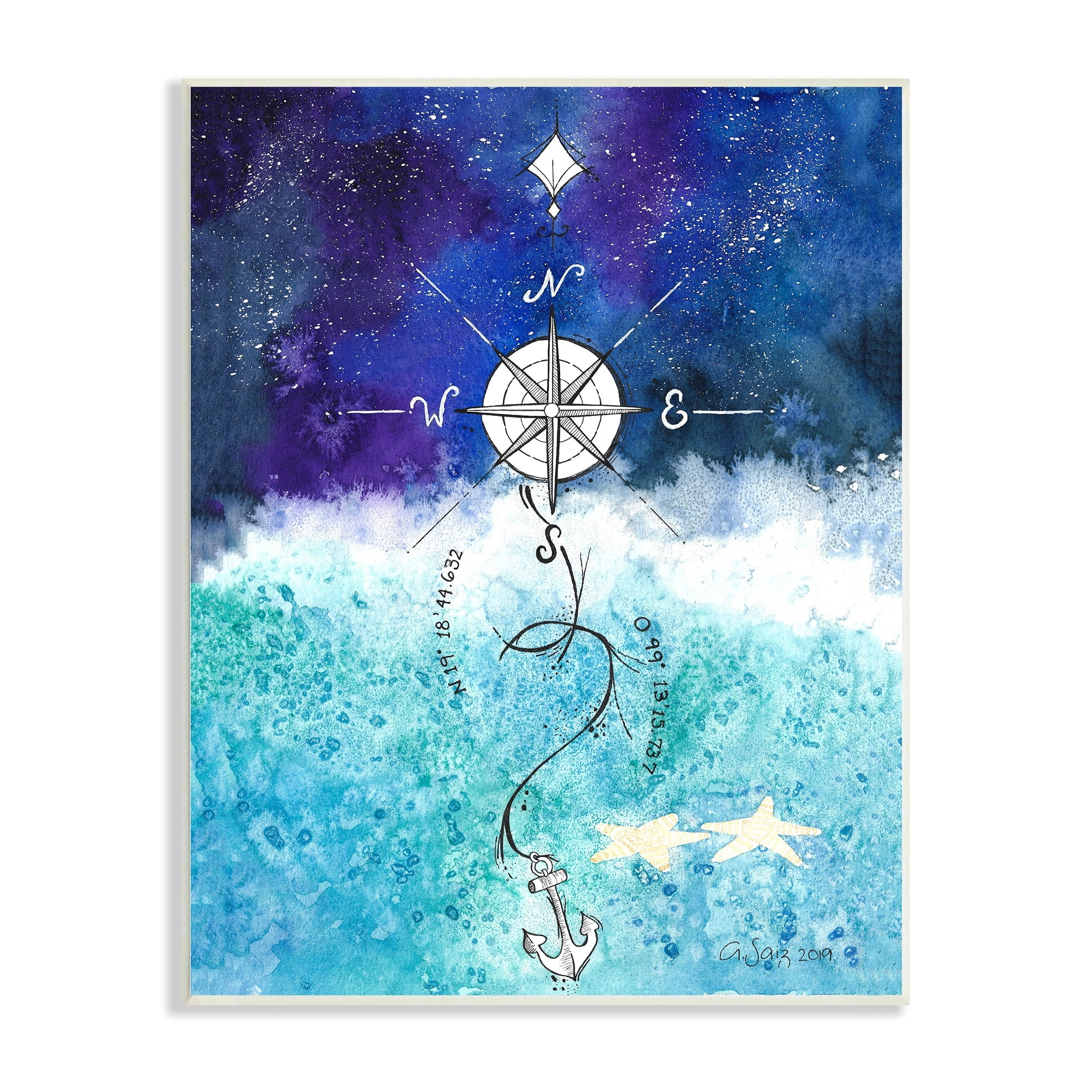 Stupell Industries Night Sky Blue Ombre Ocean Waves Nautical Compass ...