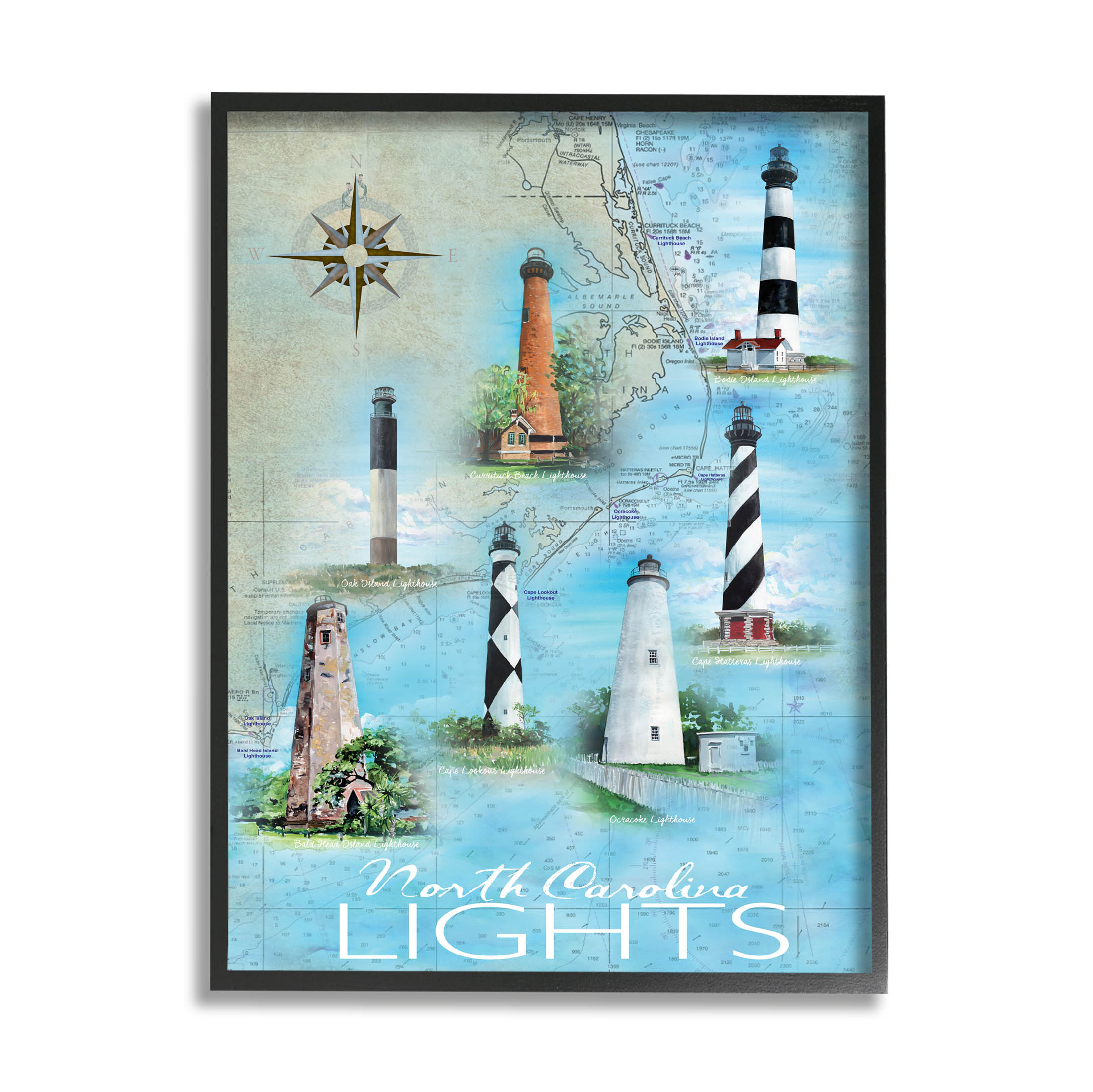 Stupell Industries North Carolina Lighthouses Map Graphic Art Black ...