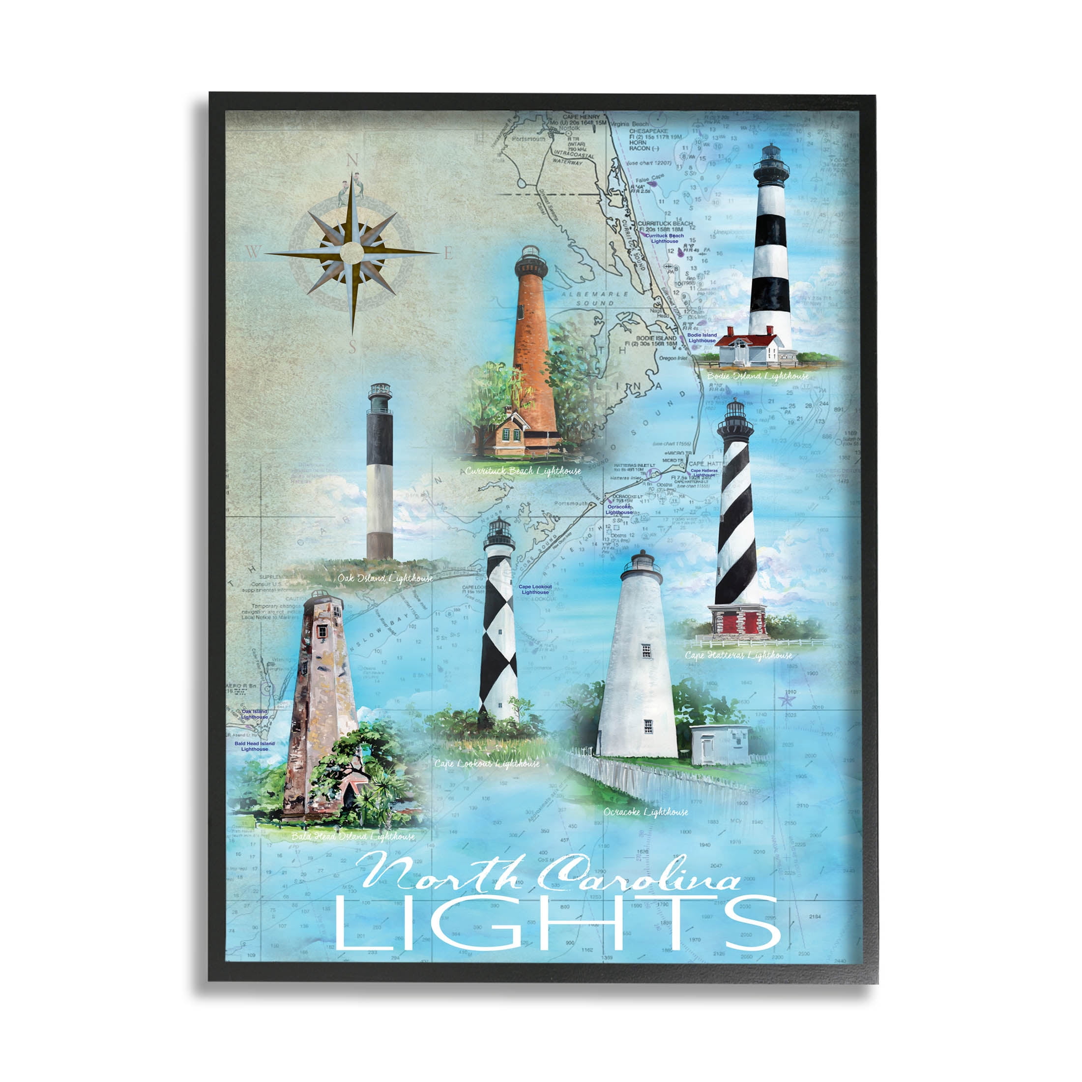 Stupell Industries North Carolina Lighthouses Map Graphic Art Black ...
