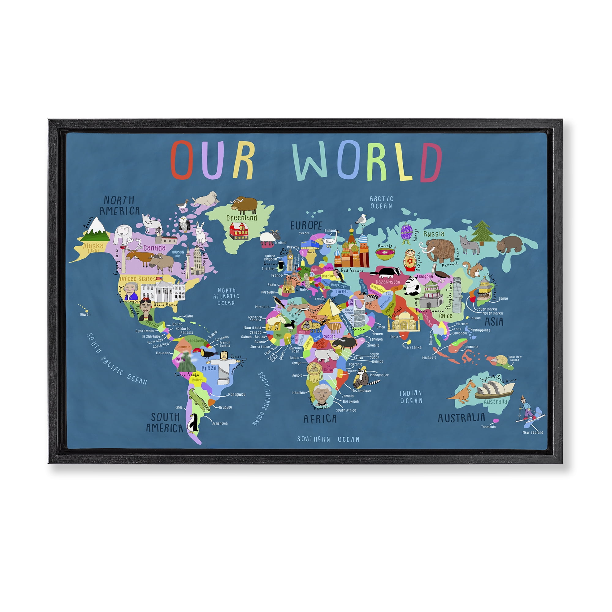 Stupell Industries Our World Map Education Painting Black Floater ...