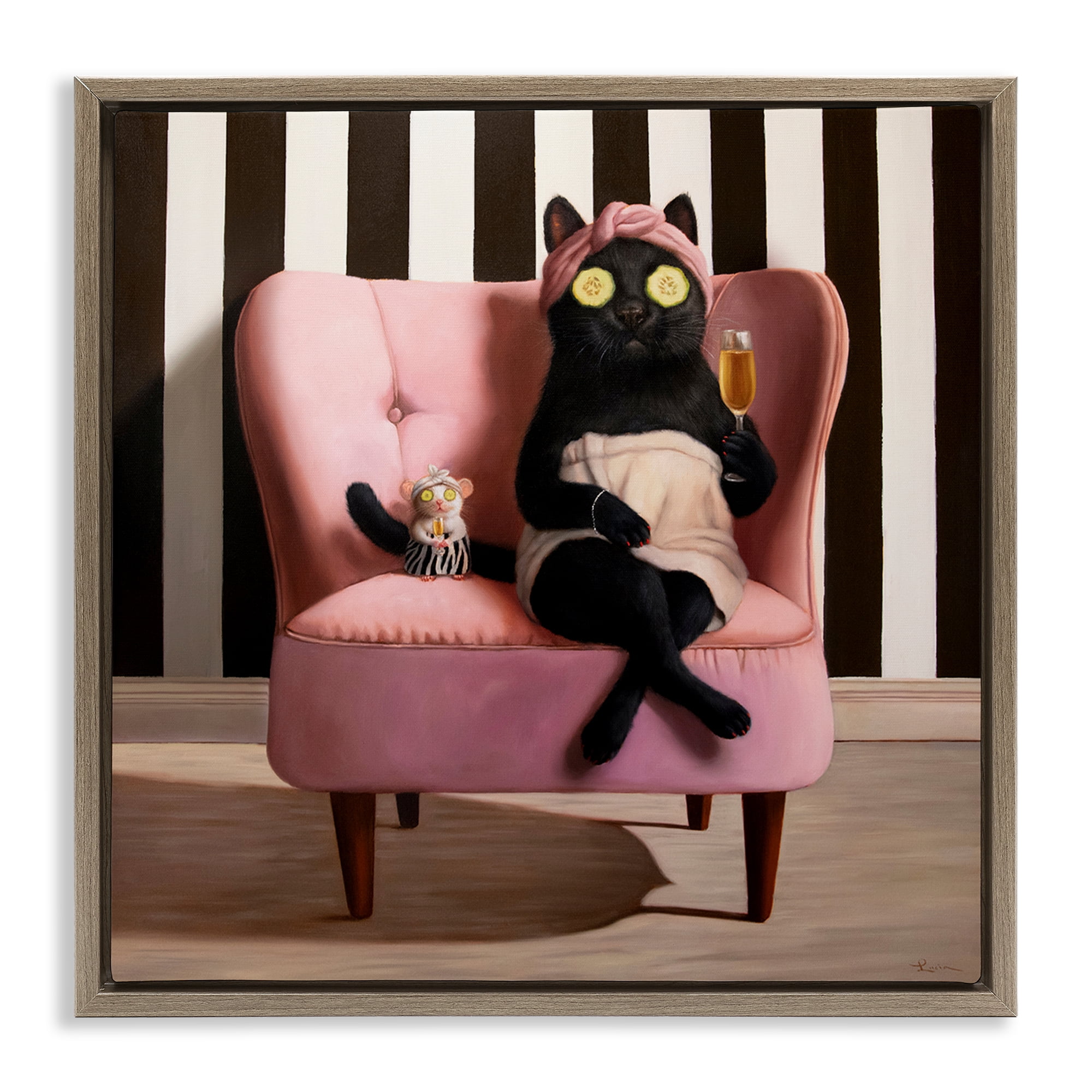 Stupell Industries Pamper Party Cat Brown Framed Floater Canvas Wall ...