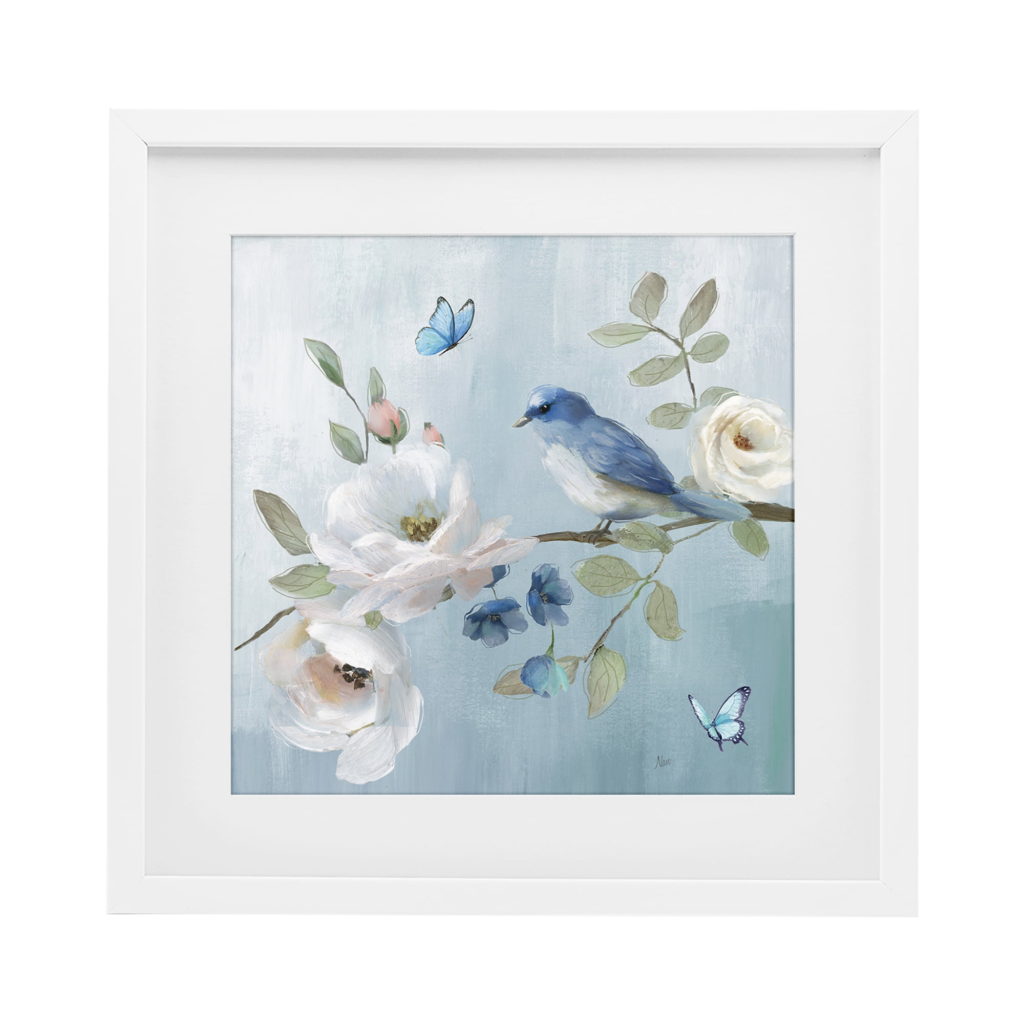 Stupell Industries Pastel Blue Bird Blooms White Framed Print Under ...