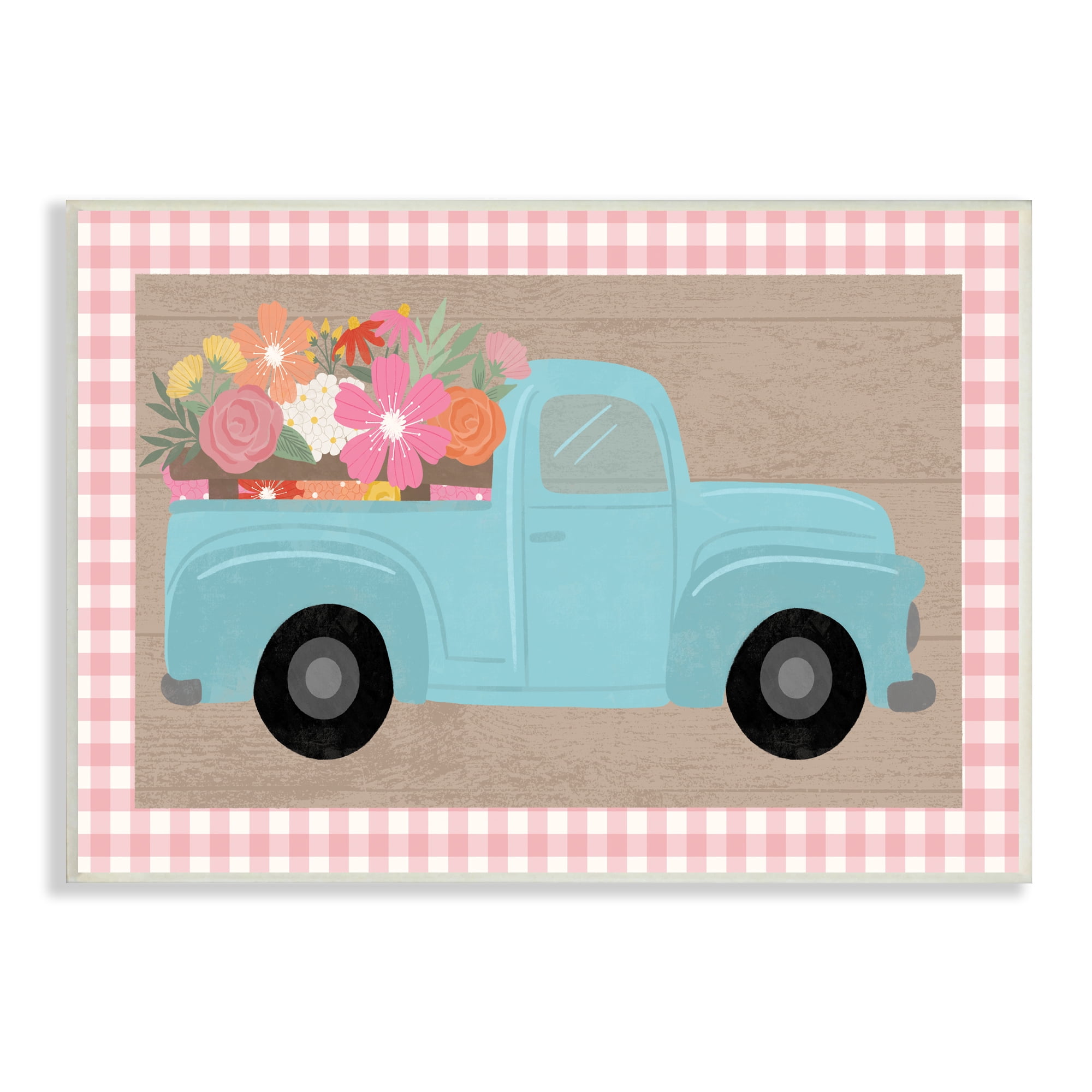 Stupell Industries Pastel Blue Farm Truck Spring Florals Pink Plaid, 13 ...
