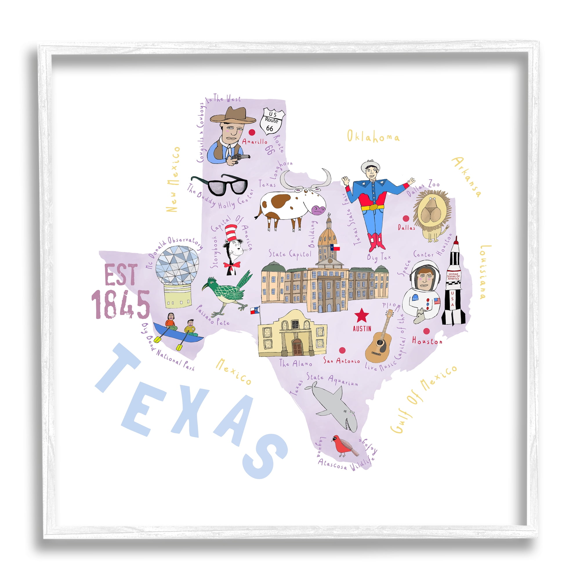 Stupell Pastel Texas Landmarks Map Painting - Framed Art Print ...