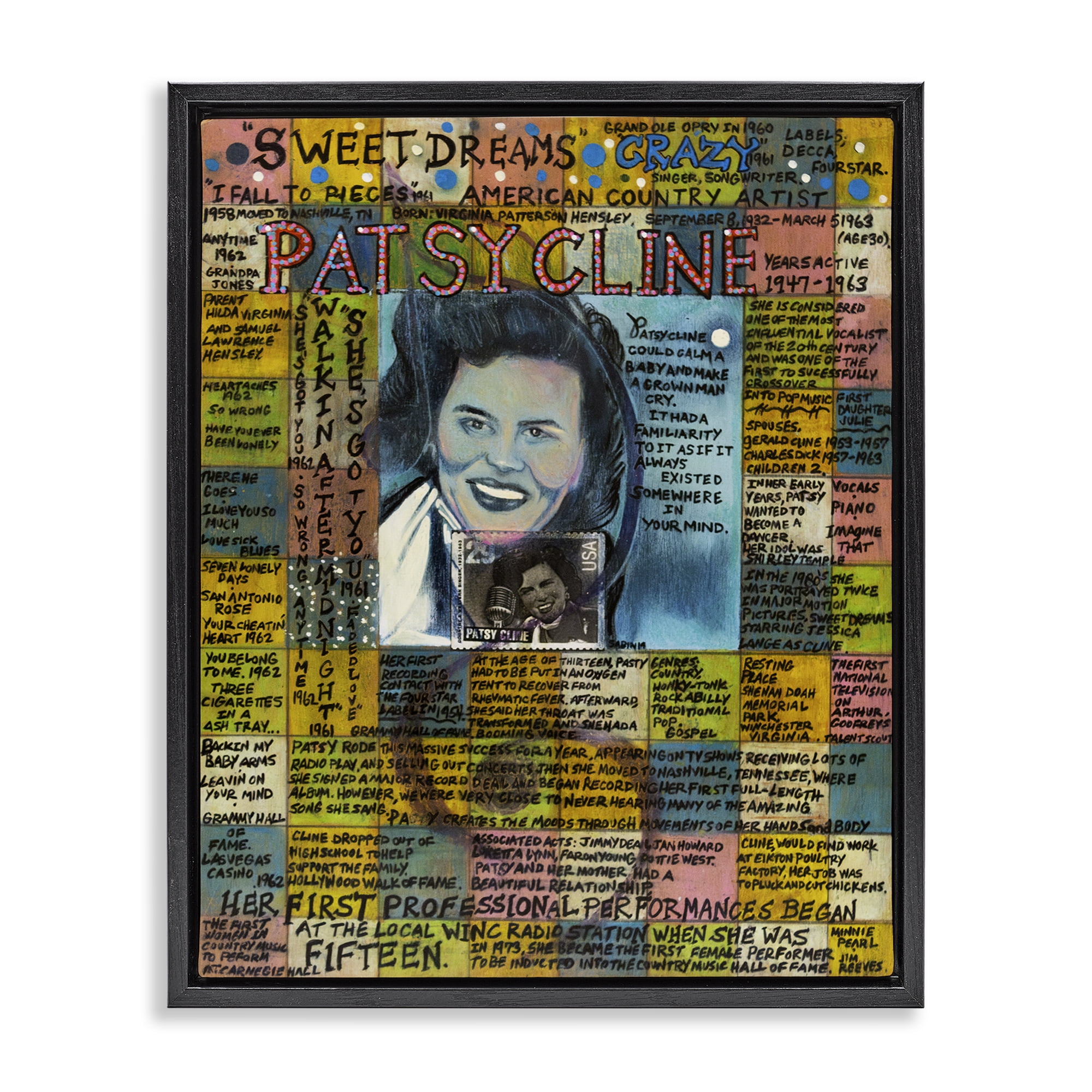 Stupell Industries Patsy Cline Collage People Drawing Black Floater ...