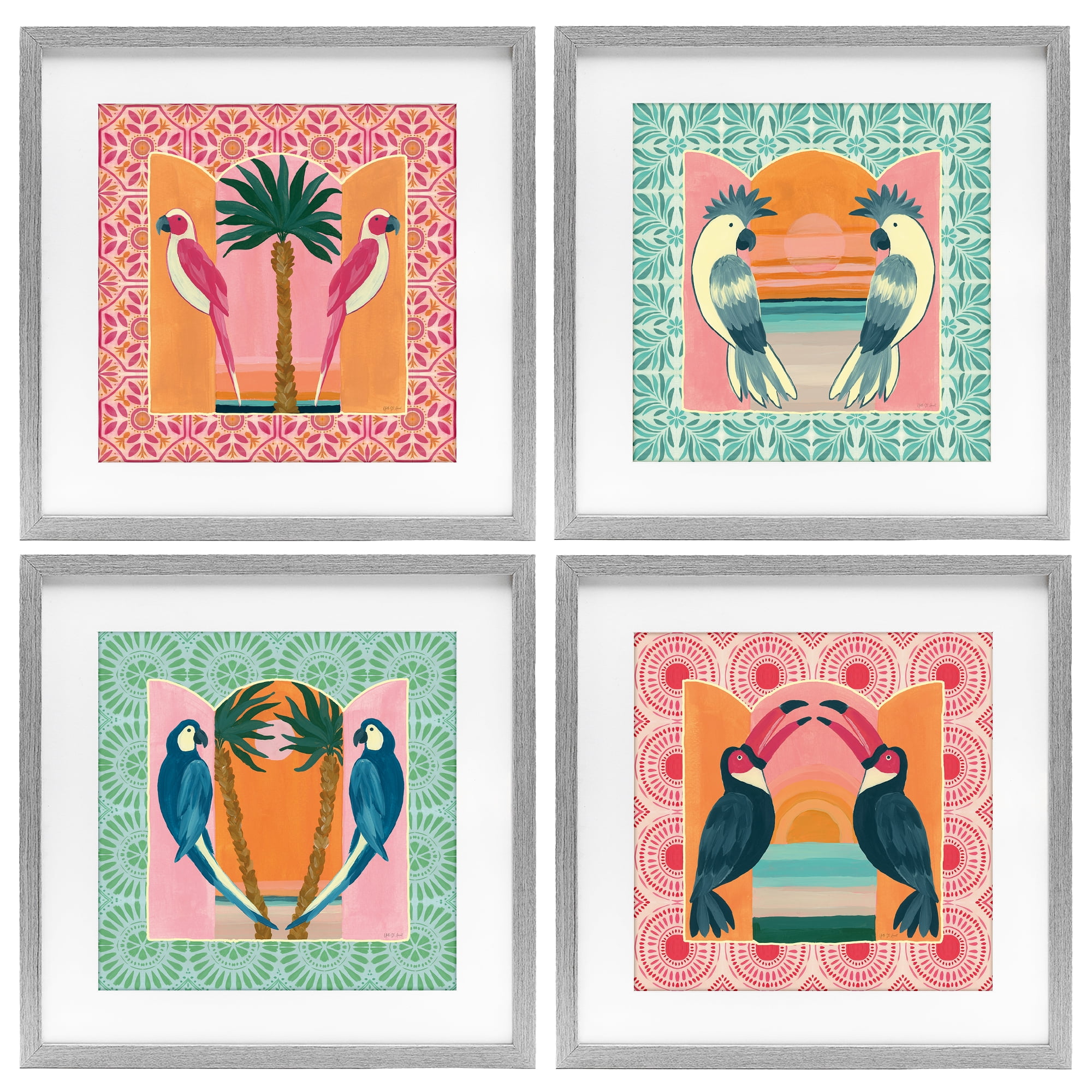 Stupell Industries Patterned Twin Bird Symmetry 4 Piece Gray Framed ...