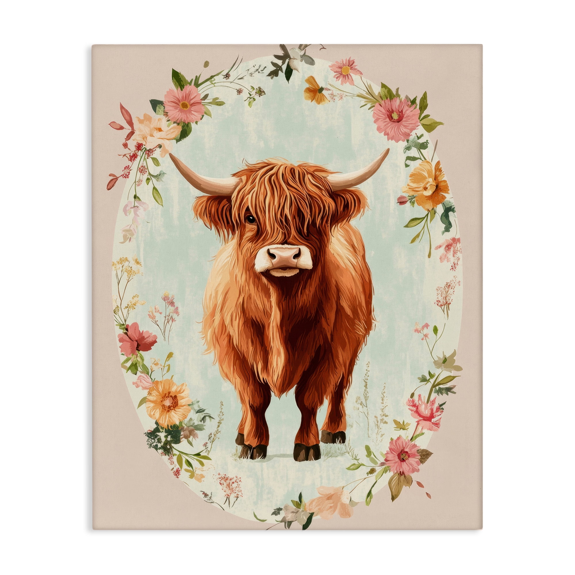 Stupell Industries Peach Flower Border Cow Canvas Wall Art design by ...
