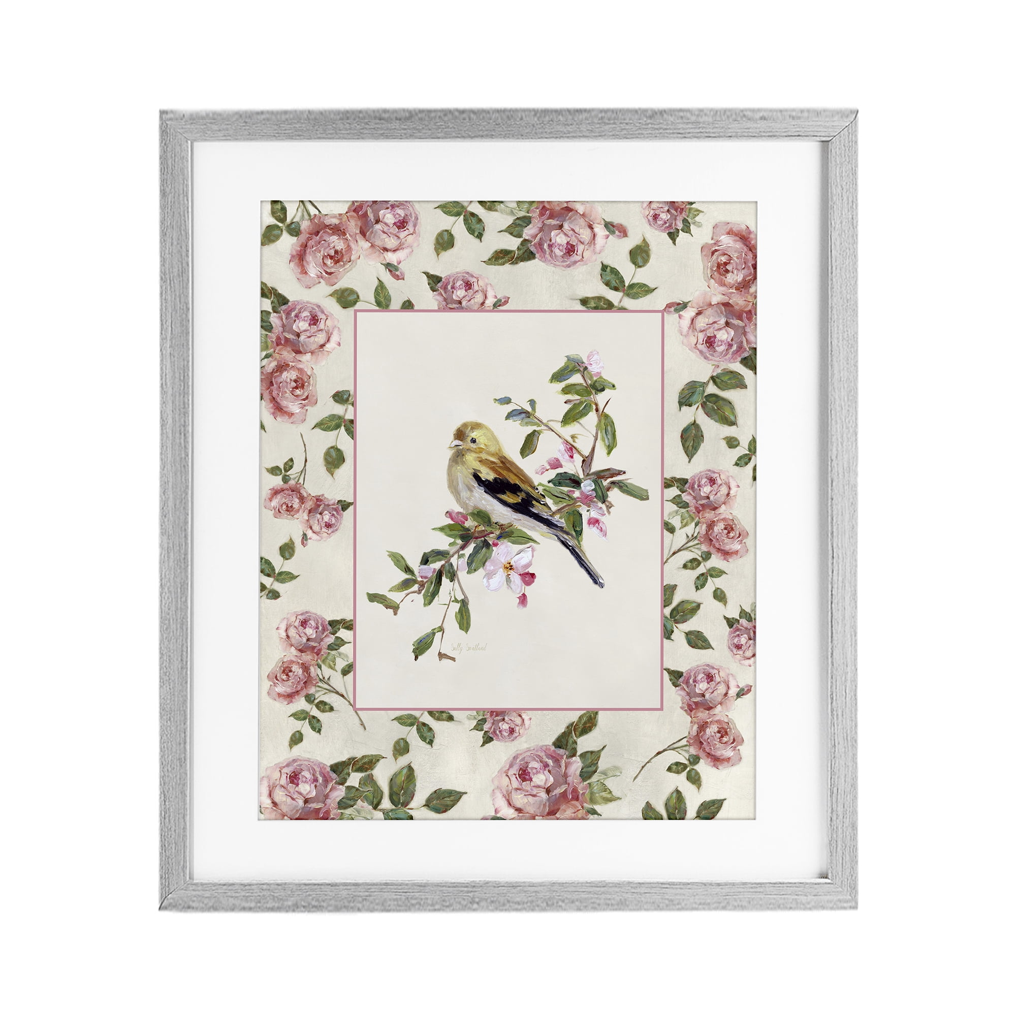 Stupell Industries Perched Bird with Dainty Roses Gray Framed Print ...