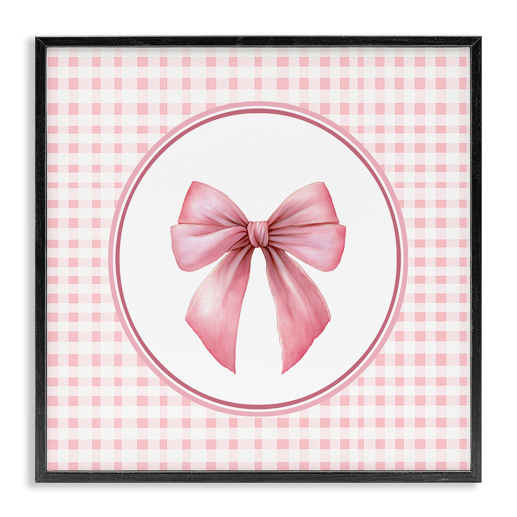 Stupell Industries Pink Bow with Circular Gingham Black Framed Giclee ...