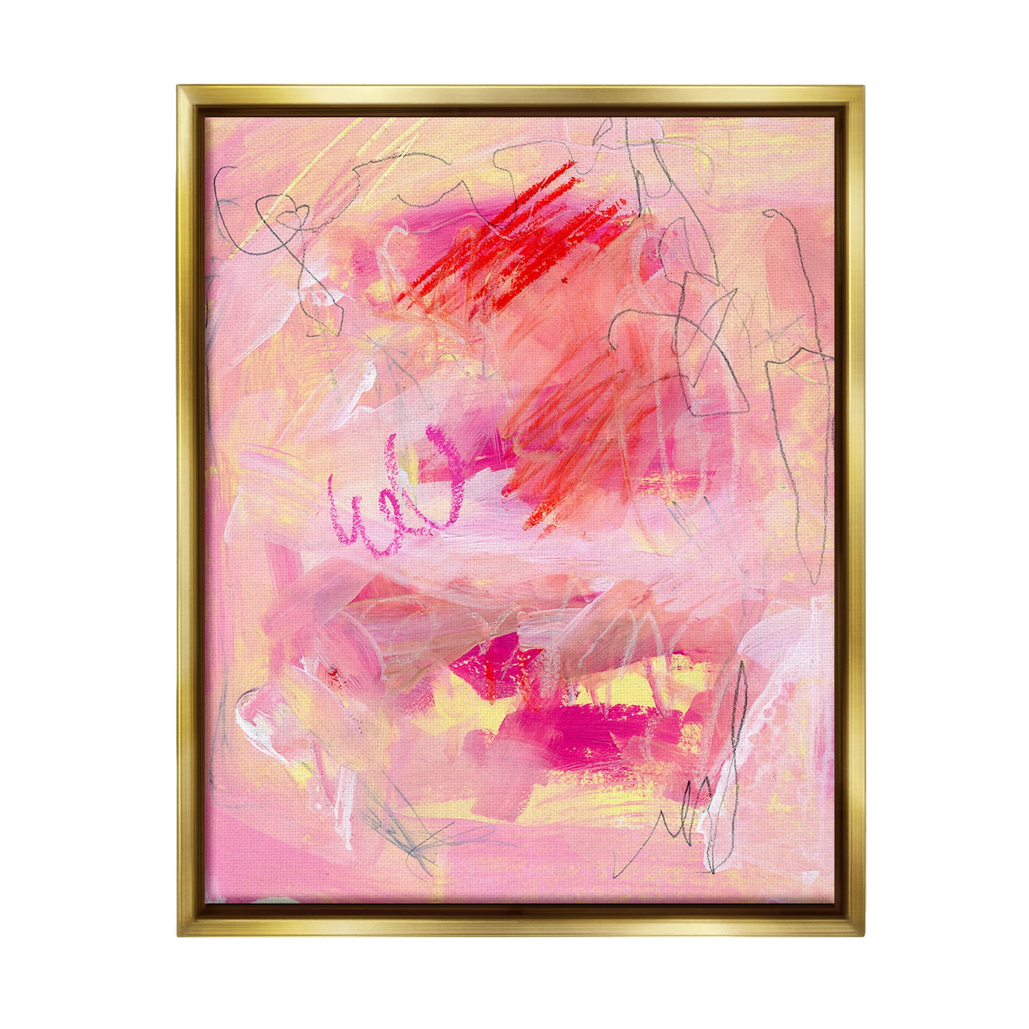 Stupell Industries Pink Chaotic Scribble Abstract Painting Gold Floater ...