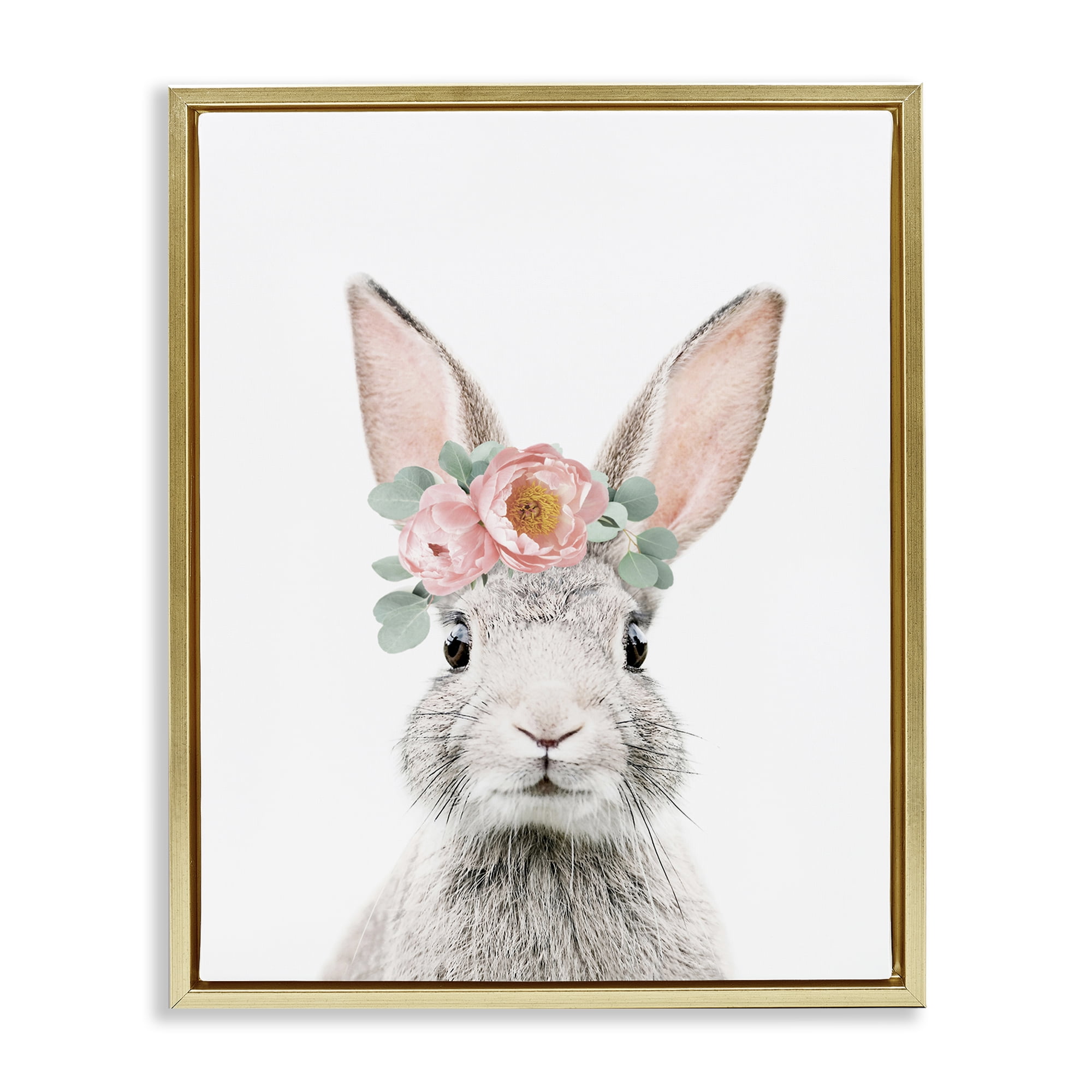 Stupell Industries Pink Flower Bunny Rabbit Art Floating Framed Canvas ...