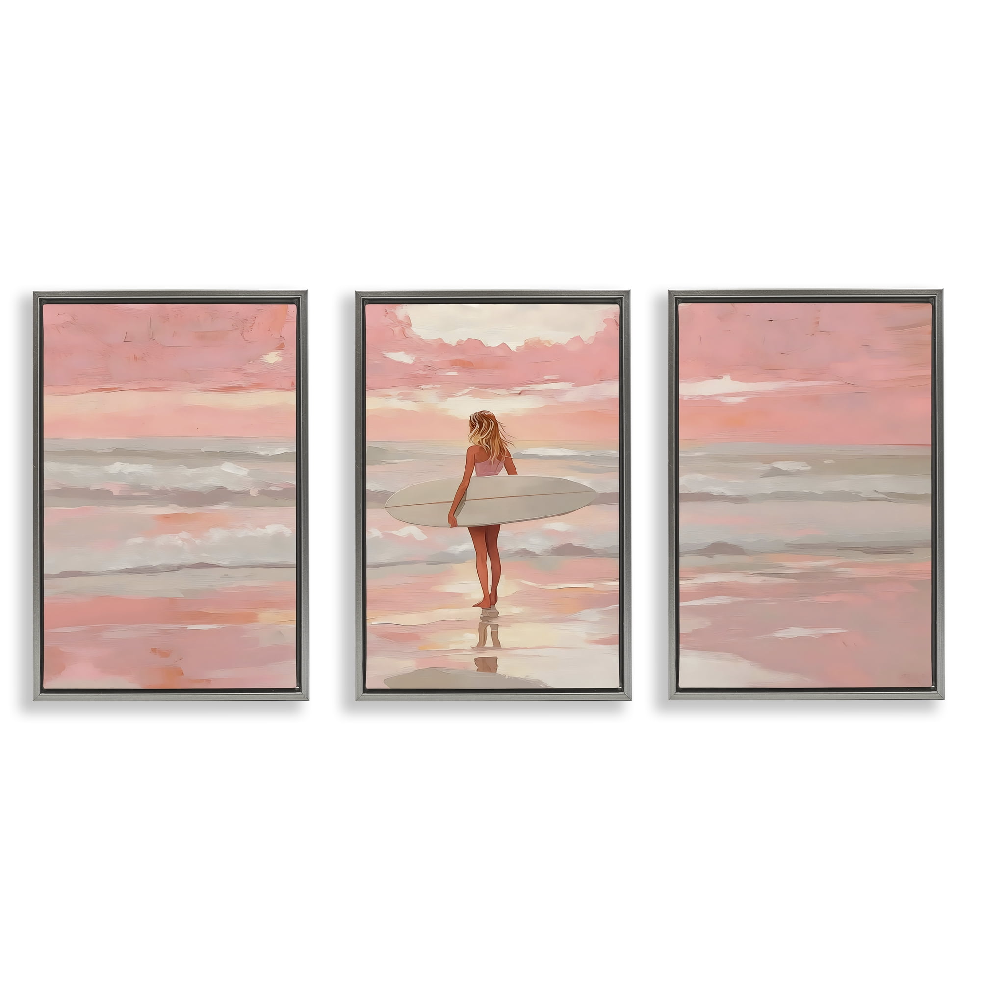 Stupell Industries Pink Sky Surfer Sunrise 3 Piece Gray Framed Floater ...