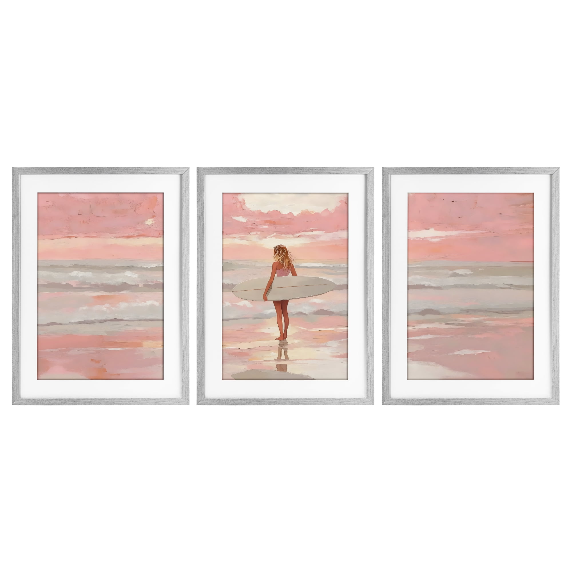Stupell Industries Pink Sky Surfer Sunrise 3 Piece Gray Framed Print ...