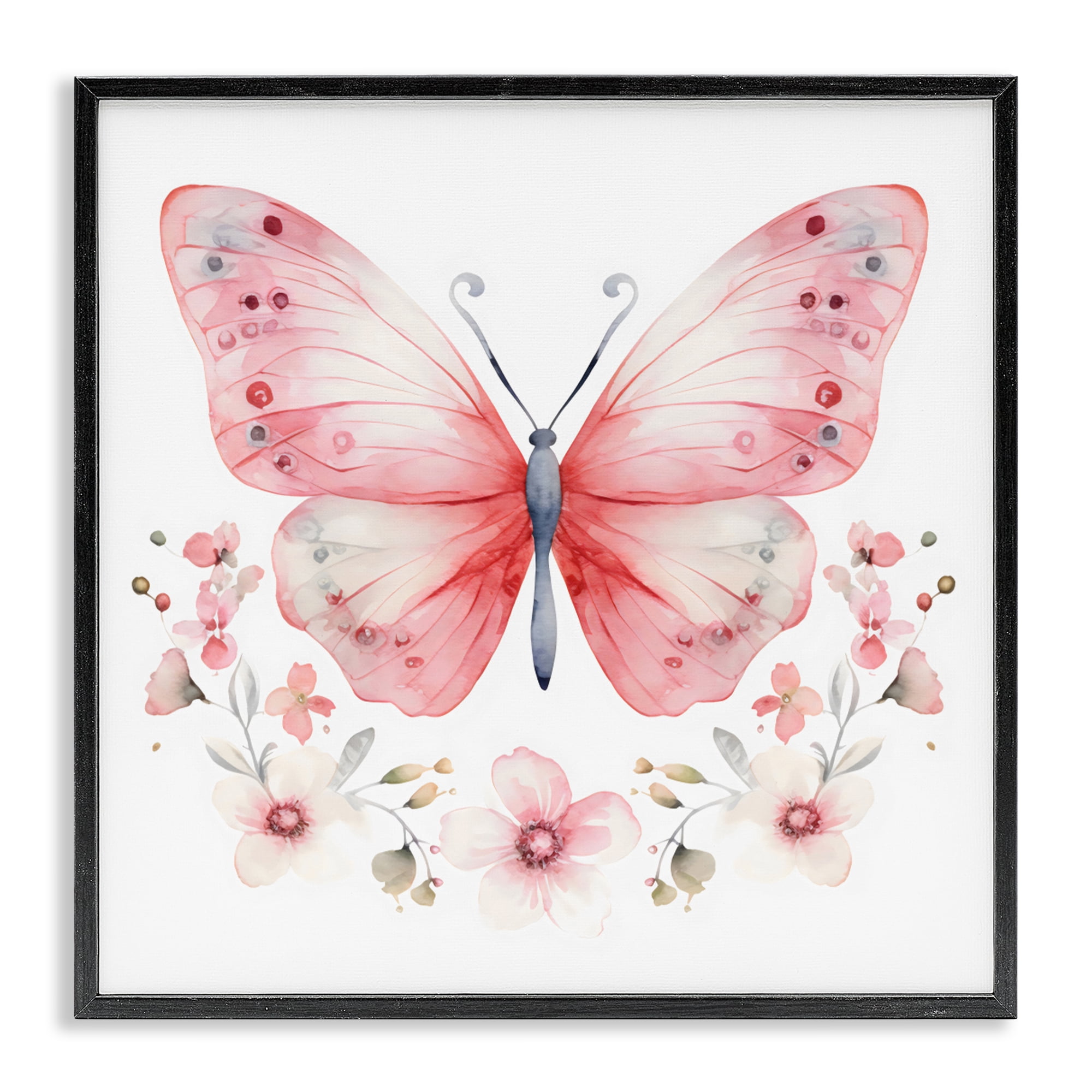 Stupell Industries Pink Symmetrical Butterfly Florals Black Framed ...
