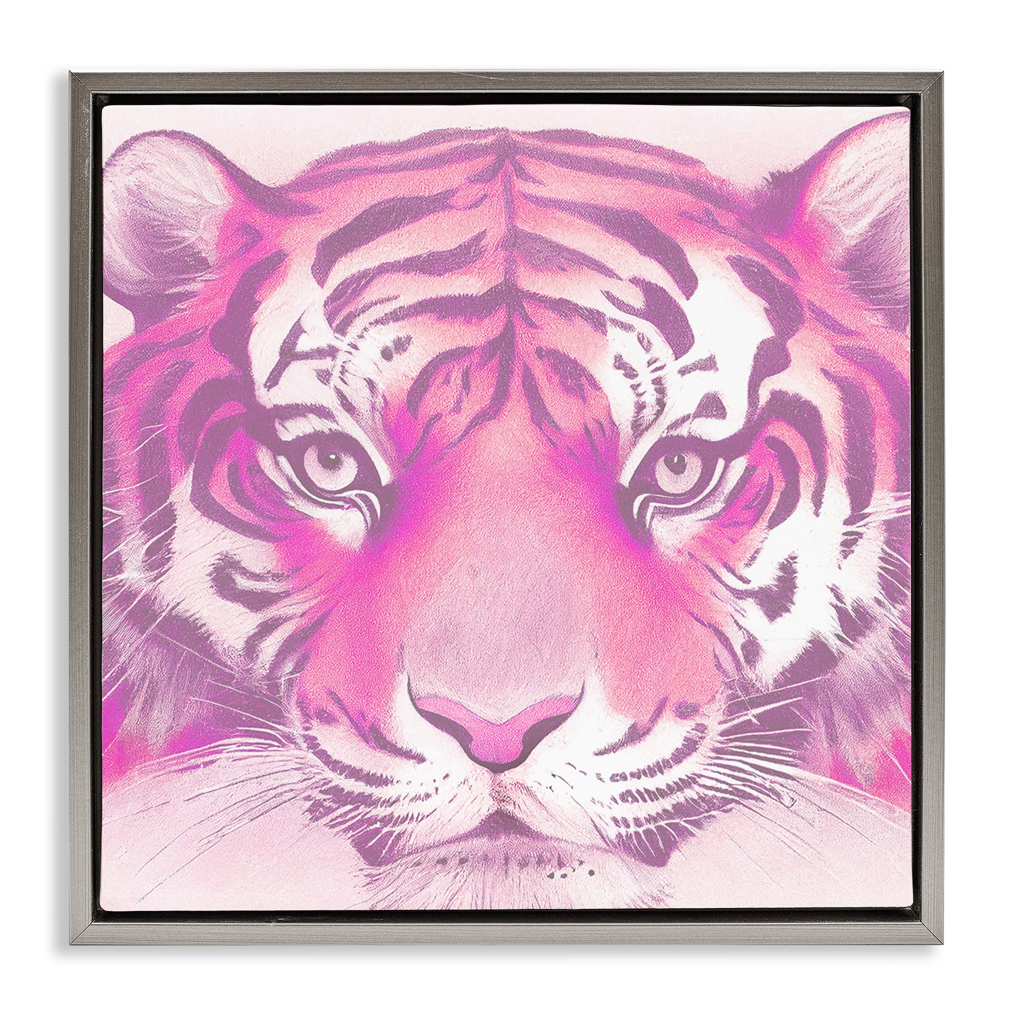 Stupell Industries Pink Tiger Face Animals Painting Gray Floater Framed ...